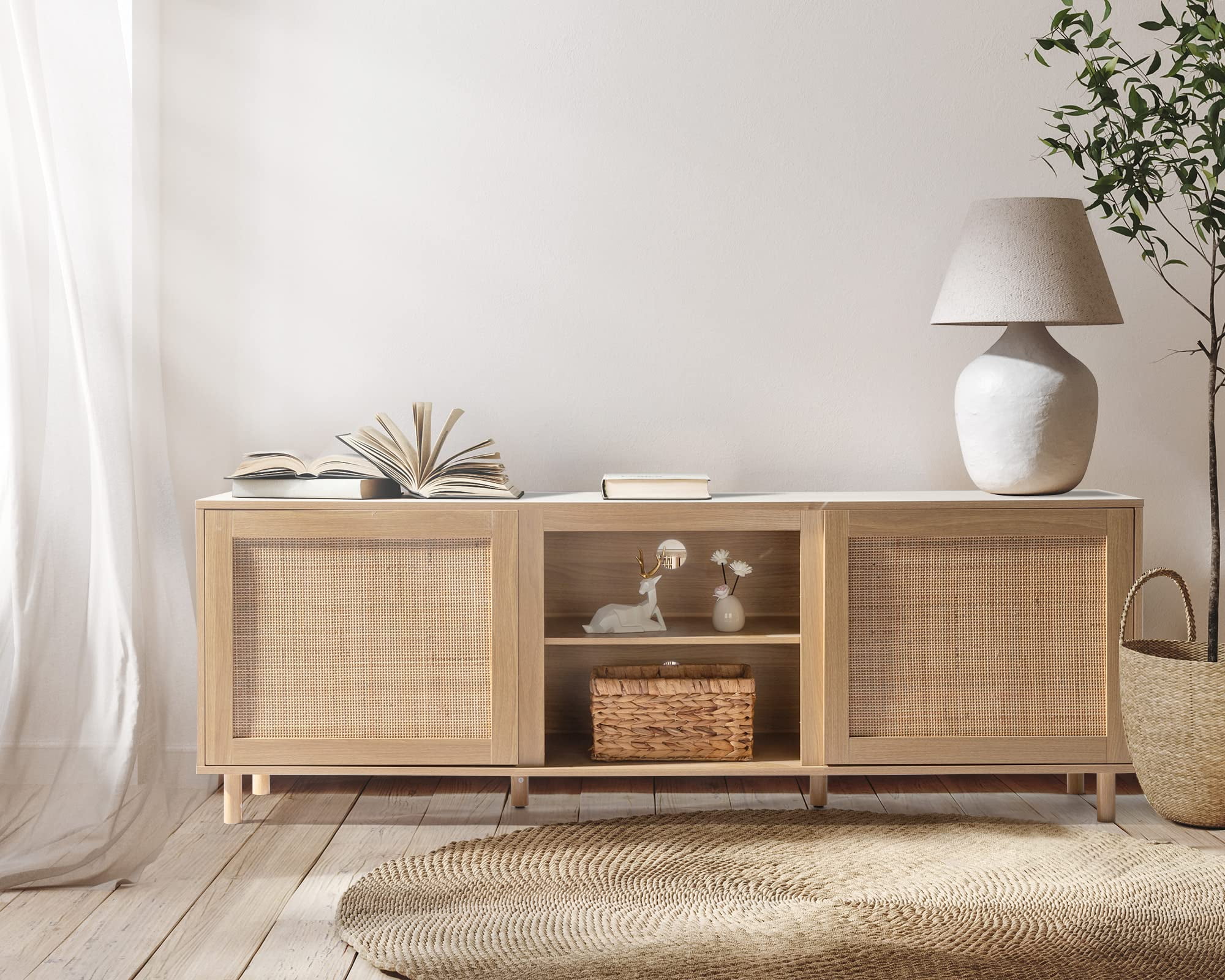 Ktaxon 75+ inch TV Stand with 2 Rattan Door Cabinets, Large Storage ...