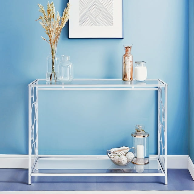 Ktaxon 2-Tier Tempered Glass Console Table with Shelves, Metal Frame ...
