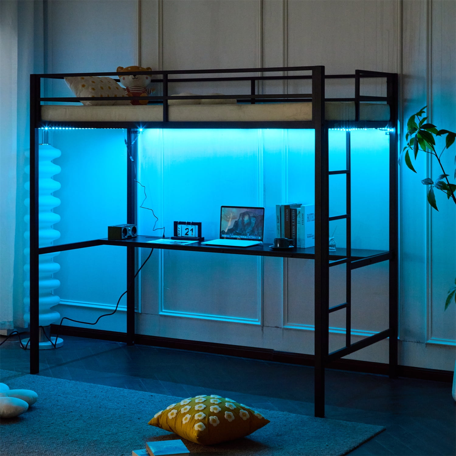 Ktaxon Twin Loft Bed with Desk, Bed Frame with LED Light and Charging ...
