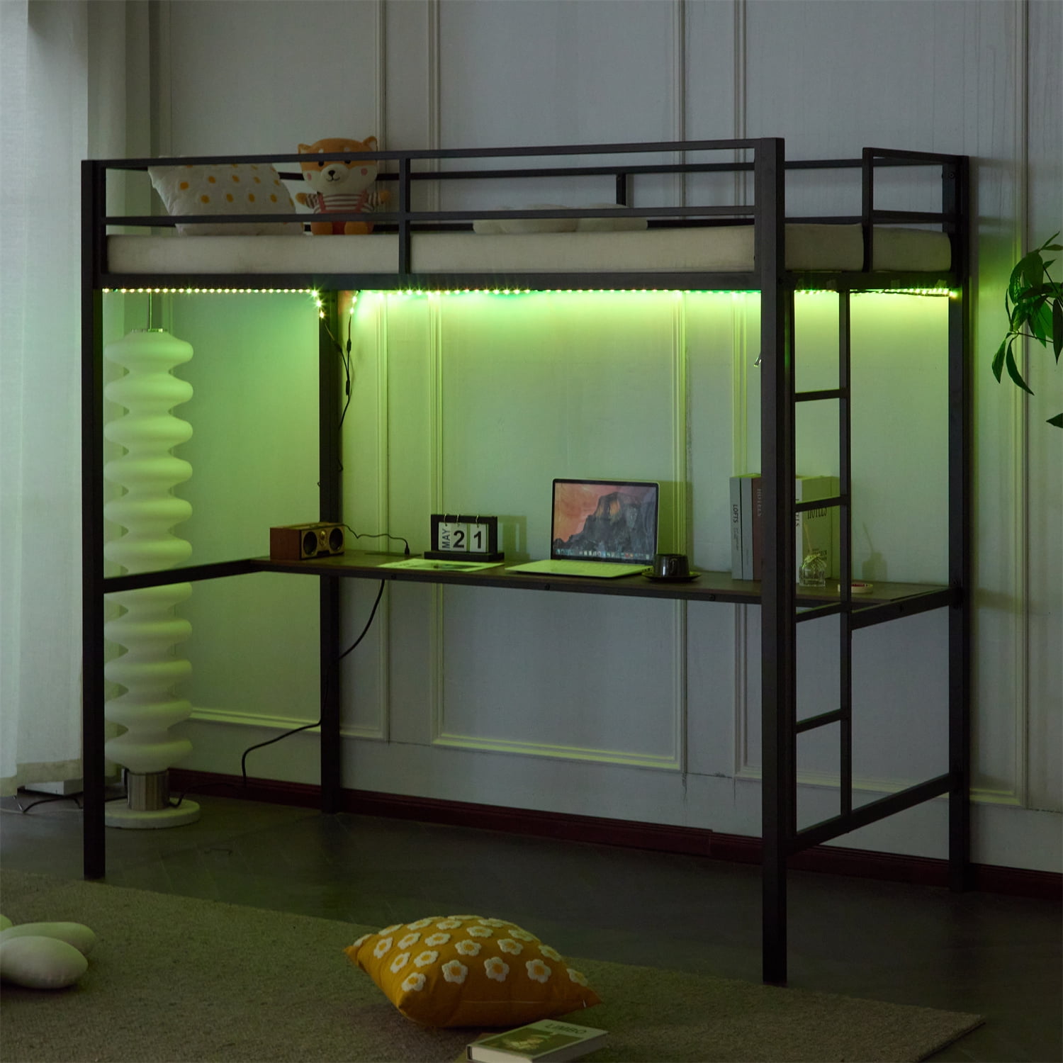 Ktaxon Twin Loft Bed with Desk, Bed Frame with LED Light and Charging ...