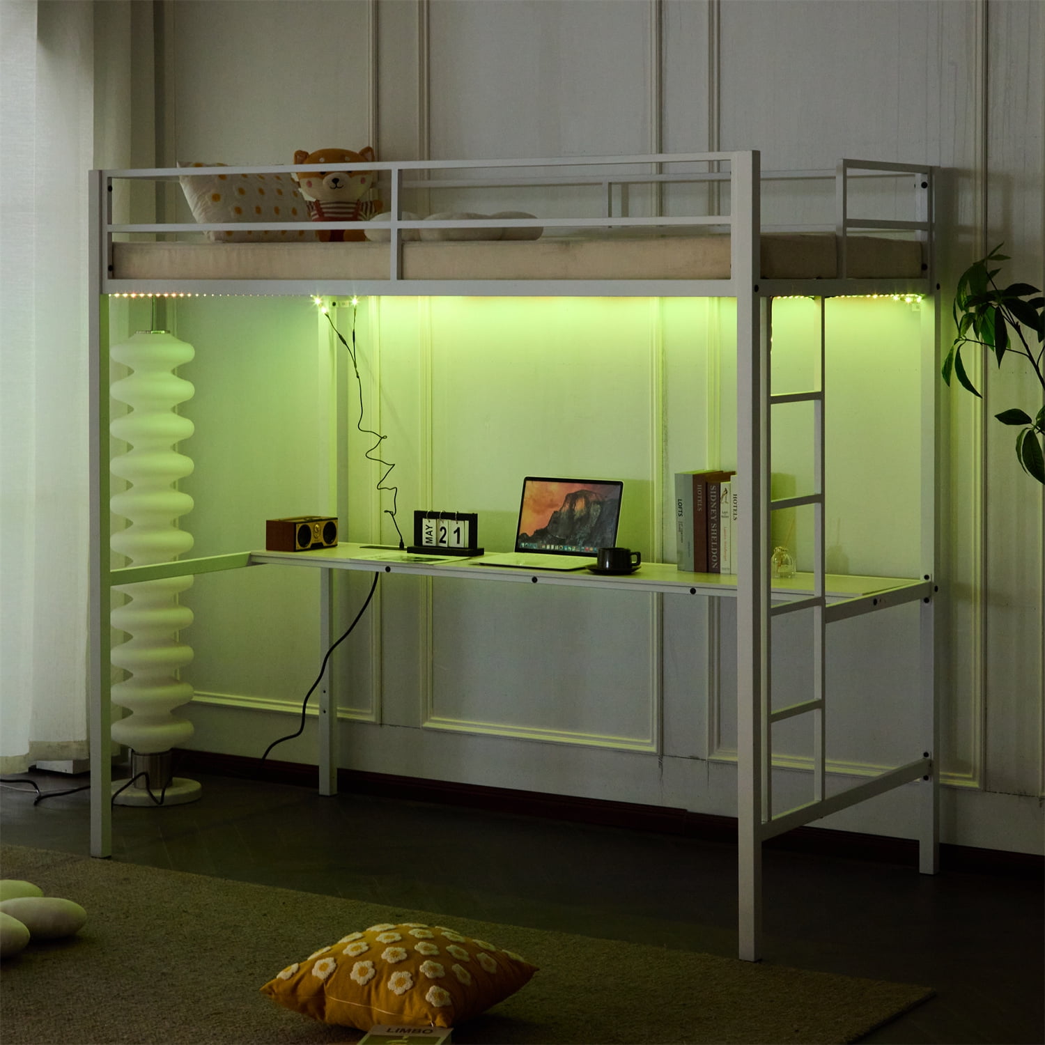 Ktaxon Twin Loft Bed with Desk, Bed Frame with LED Light and Charging ...