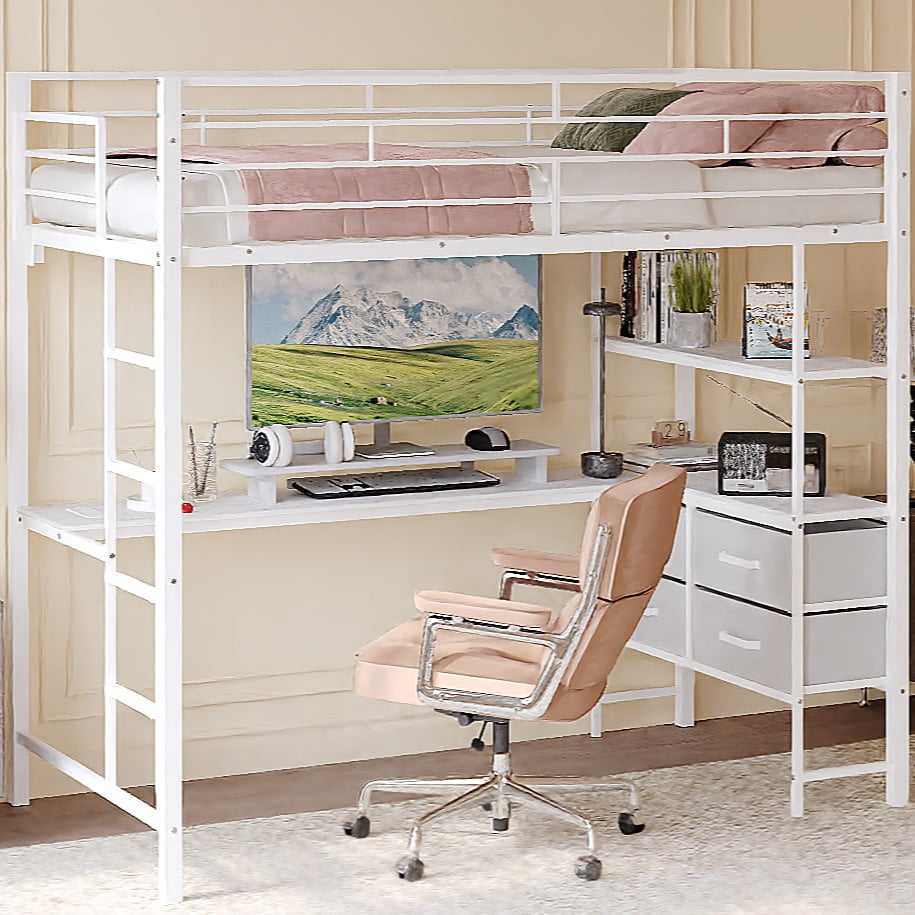 Ktaxon Twin Loft Bed with L Shaped Desk, Bed Frame with LED Light and ...