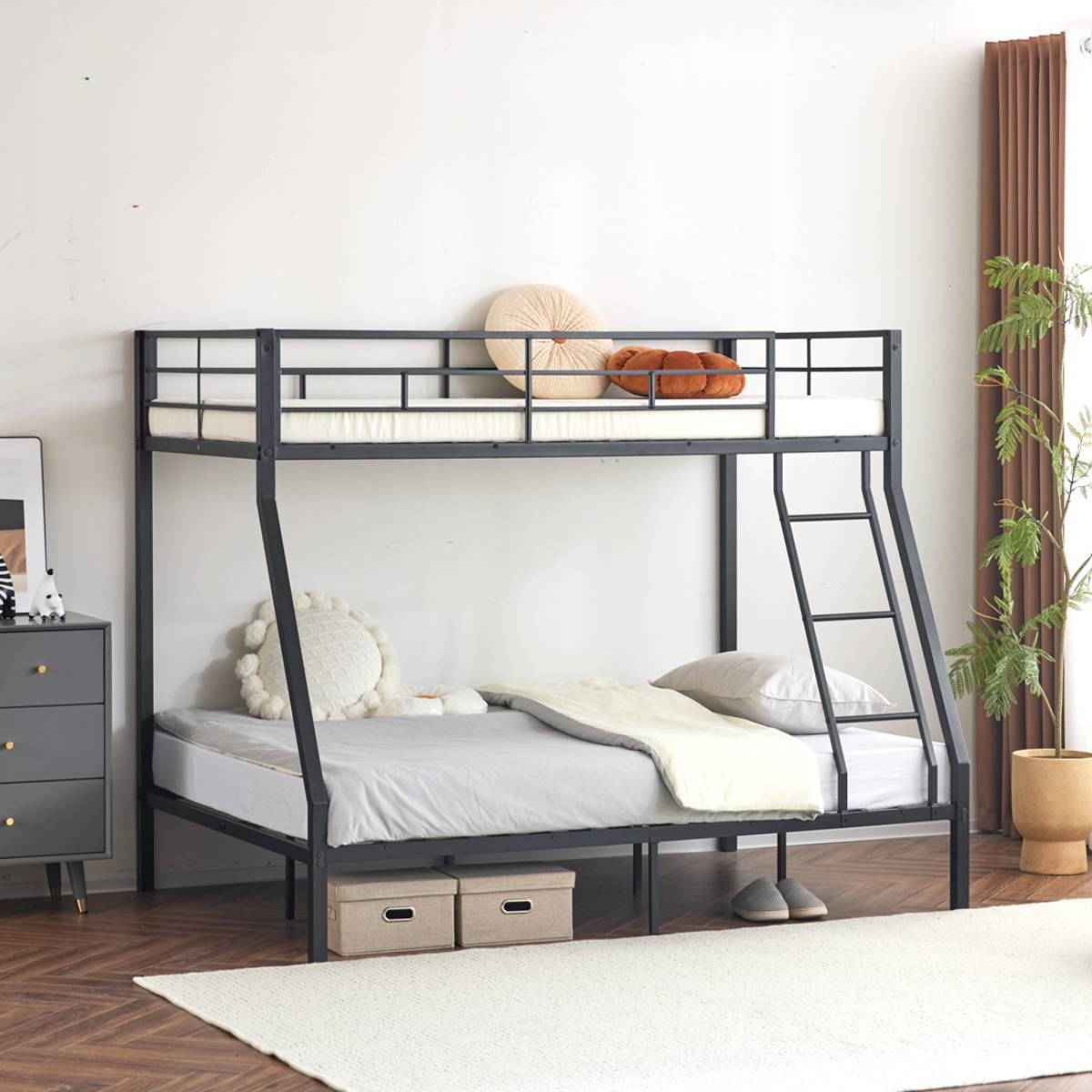 Ktaxon Twin Over Full Metal Bunk Bed, Stairs, Guardrail, Storage, Black ...
