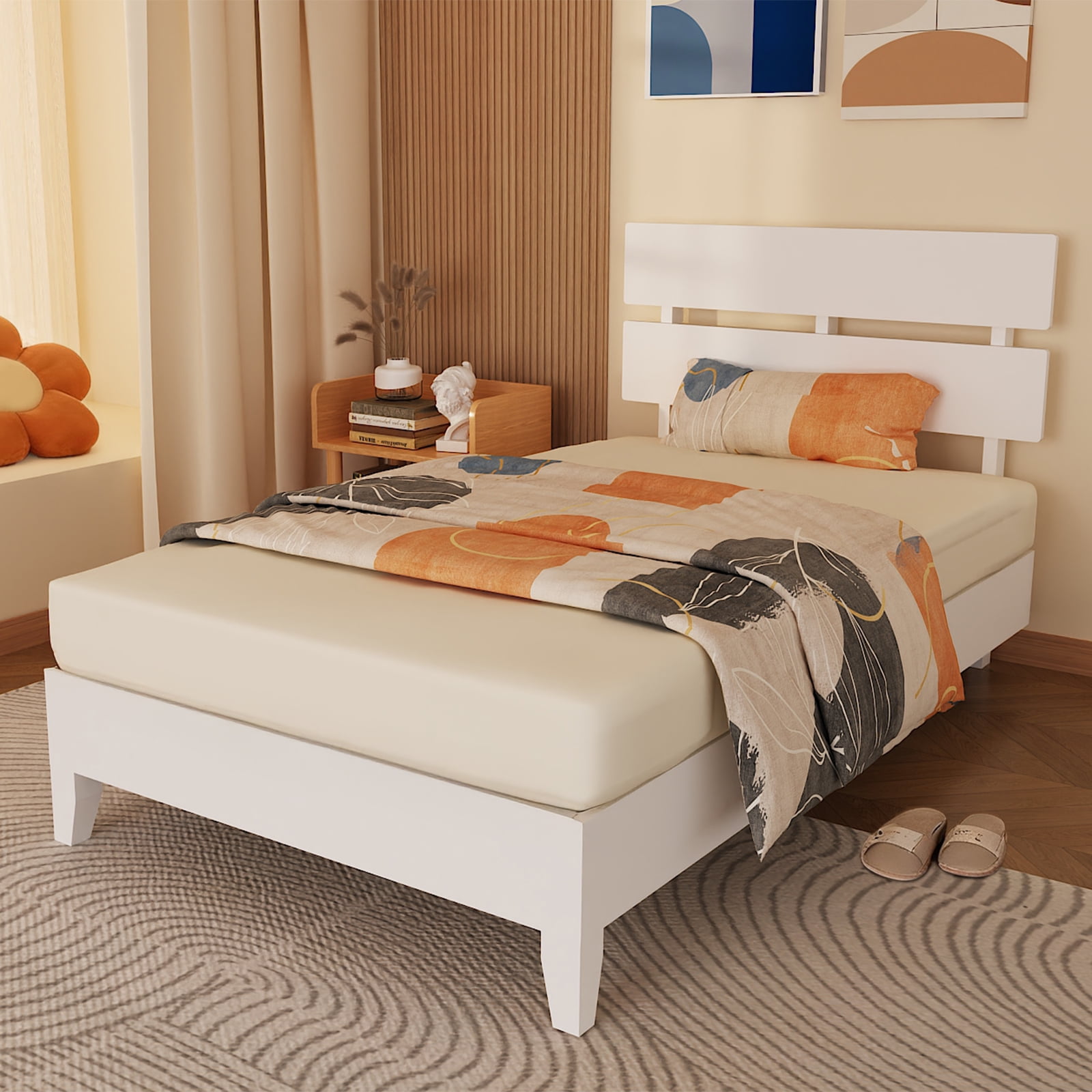 Ktaxon Twin Size Bed Frame with Double Slat Headboard，Solid Wooden ...