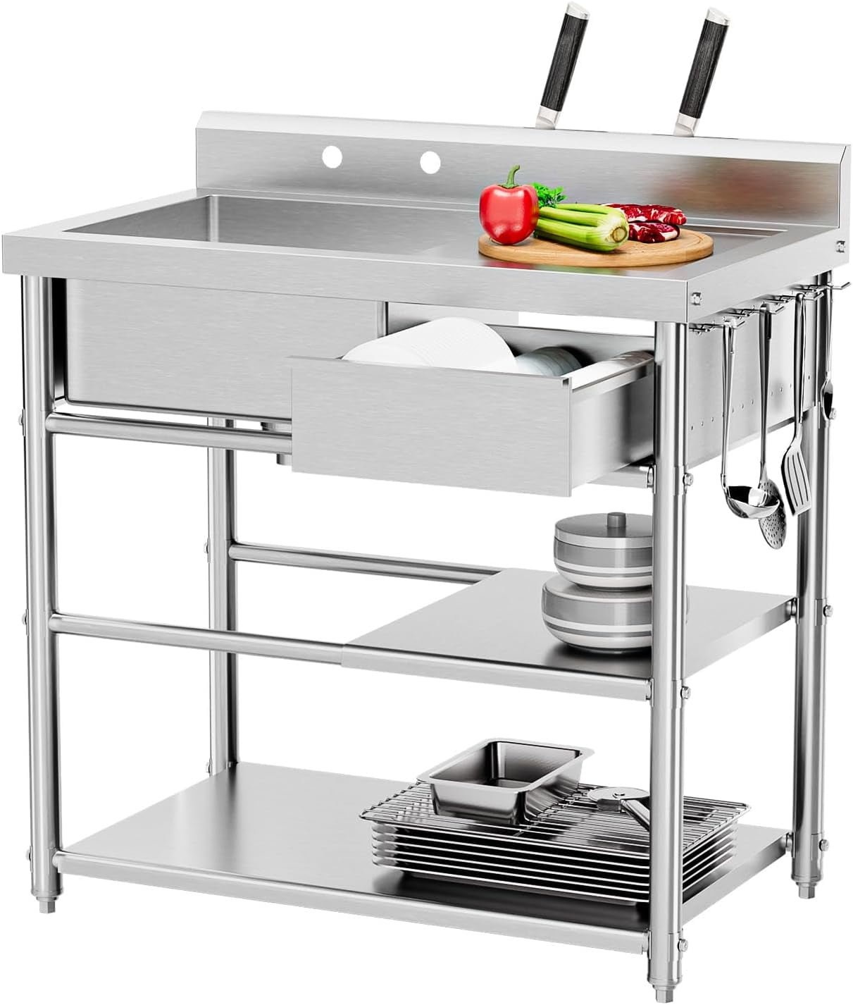 Ktaxon Utility Sink with Drawer, Stainless Steel Freestanding Kitchen ...