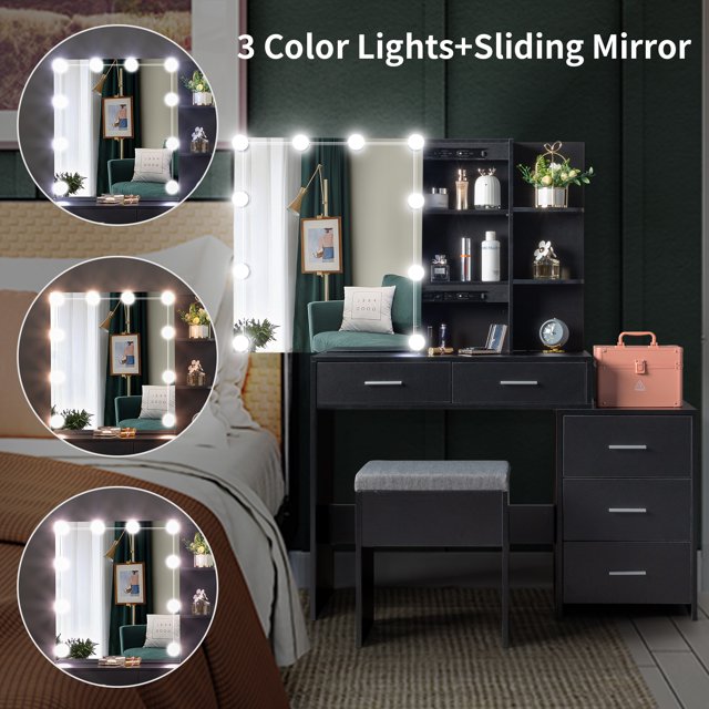 Ktaxon Vanity Set with Lighted Mirror, Wood Tabletop Makeup Desk with ...