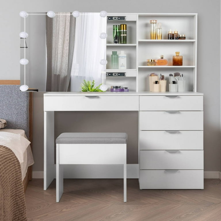Ktaxon Bedroom Dresser Vanity Set with 3 Color Lighted Mirror Makeup Table 6 Drawers Stool White Walmart