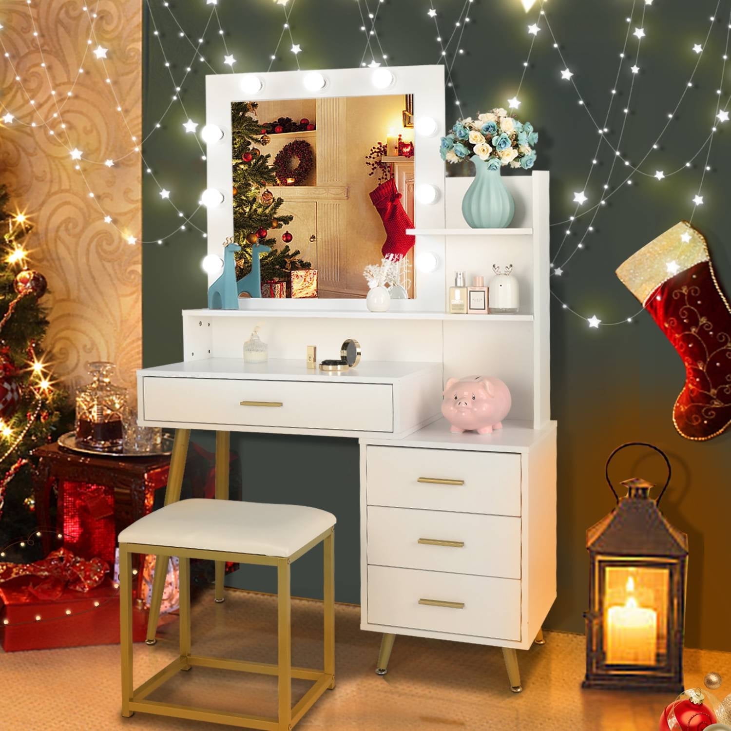 Ktaxon Large Vanity Table Set with Lighted Mirror, 4 Drawers, Dresser ...