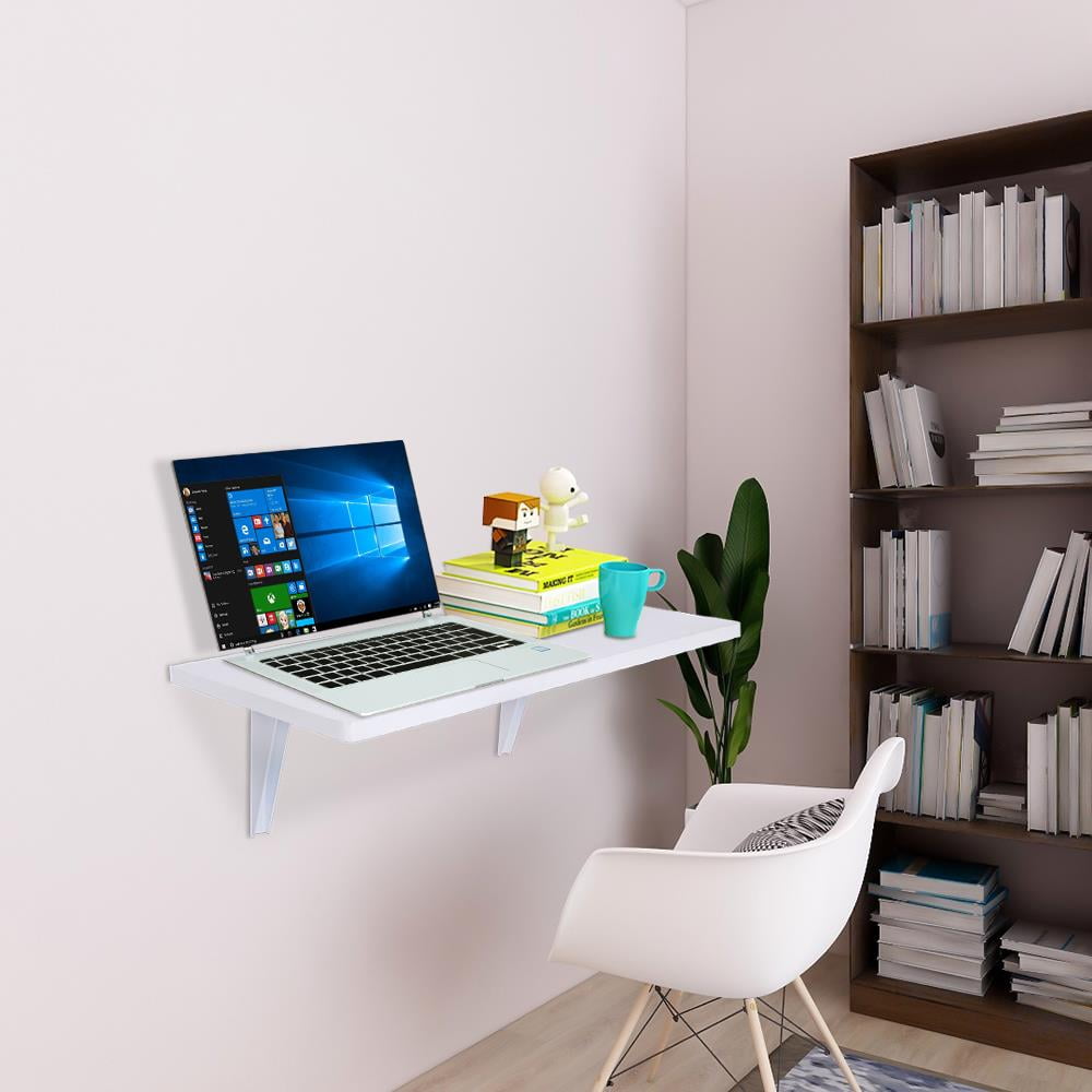 Ktaxon Wall Mounted Drop Leaf Table Floating Folding Laptop Computer Desk for Study Bedroom Bathroom Wooden Table White