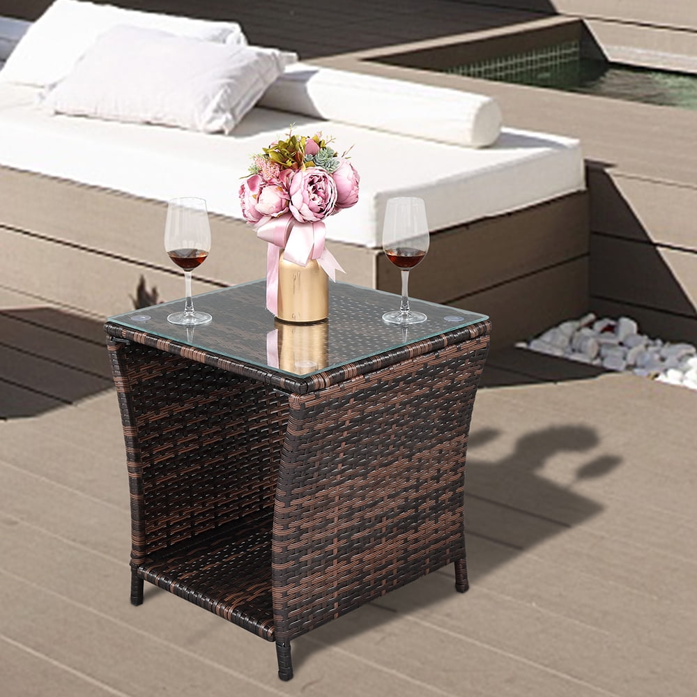 Ktaxon Wicker Side Table with Glass Top, Brown Rattan End Table for ...