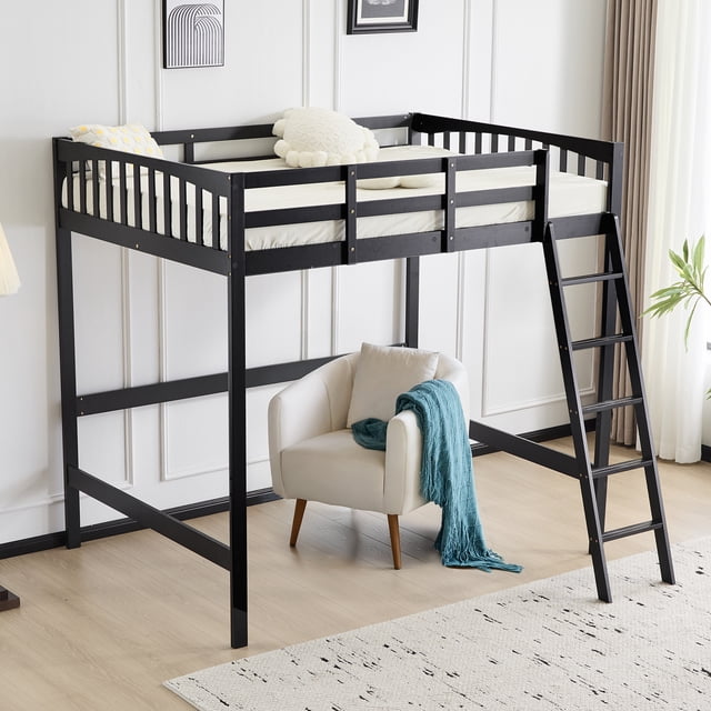 Ktaxon Wood Loft Bed Frame with LED Light, Full Size Loft Bed with Flat ...