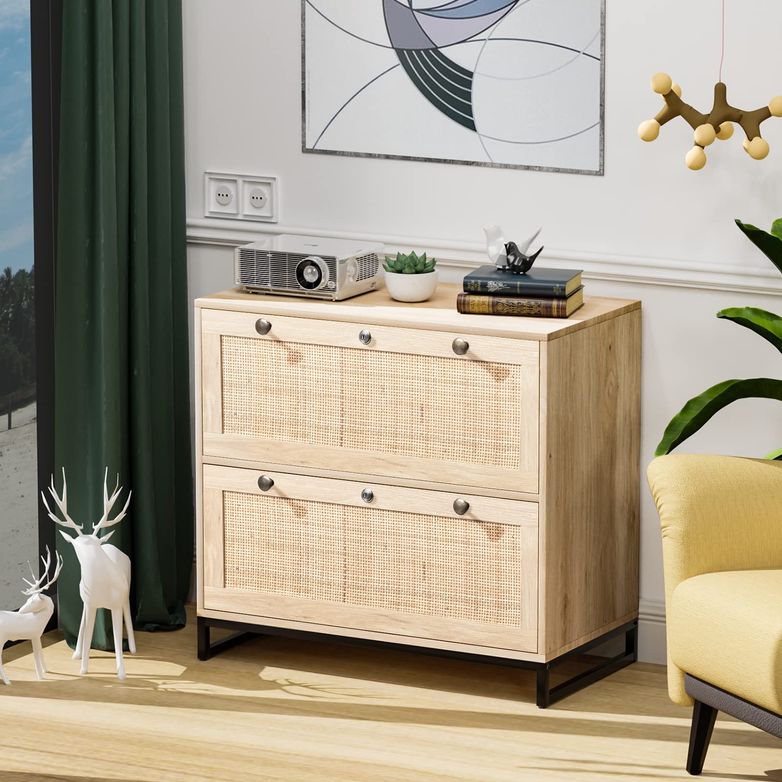 Ktaxon Wood Rattan 2-Drawer Storage Filing Cabinet, Solid Furniture ...