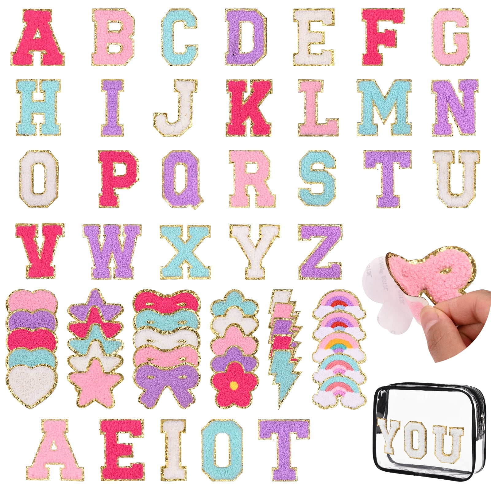Ktinnead 61 Pcs Self Adhesive Chenille Letters Patches Glitter Rainbow ...