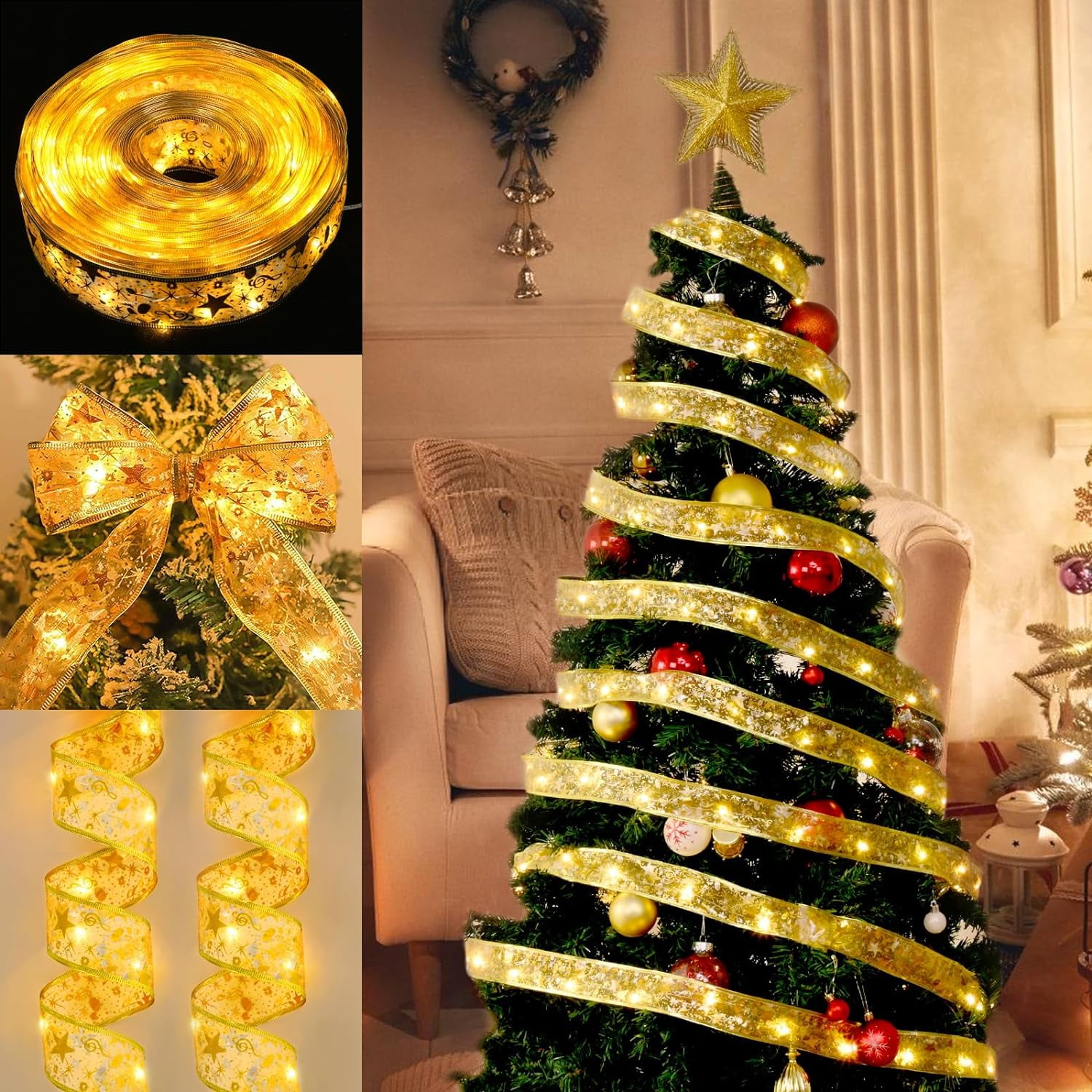 Ktinnead Gold Christmas Ribbon Lights, 33ft Lighted Gold Ribbon for ...