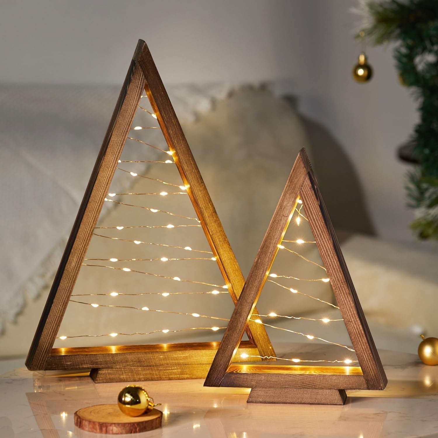 Ktinnead Wooden Christmas Tree Tabletop Christmas Tree with Lights ...