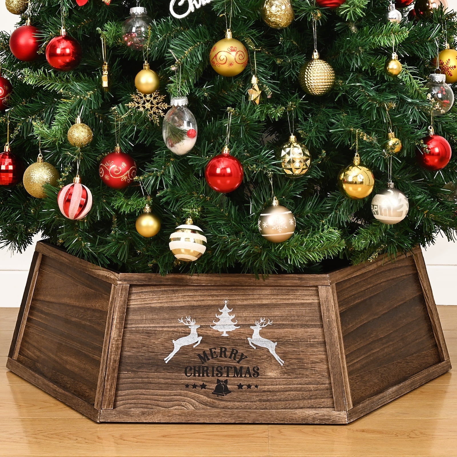 Ktinnead Wooden Christmas Tree Collar Box 30'' Hexagon Brown Christmas ...