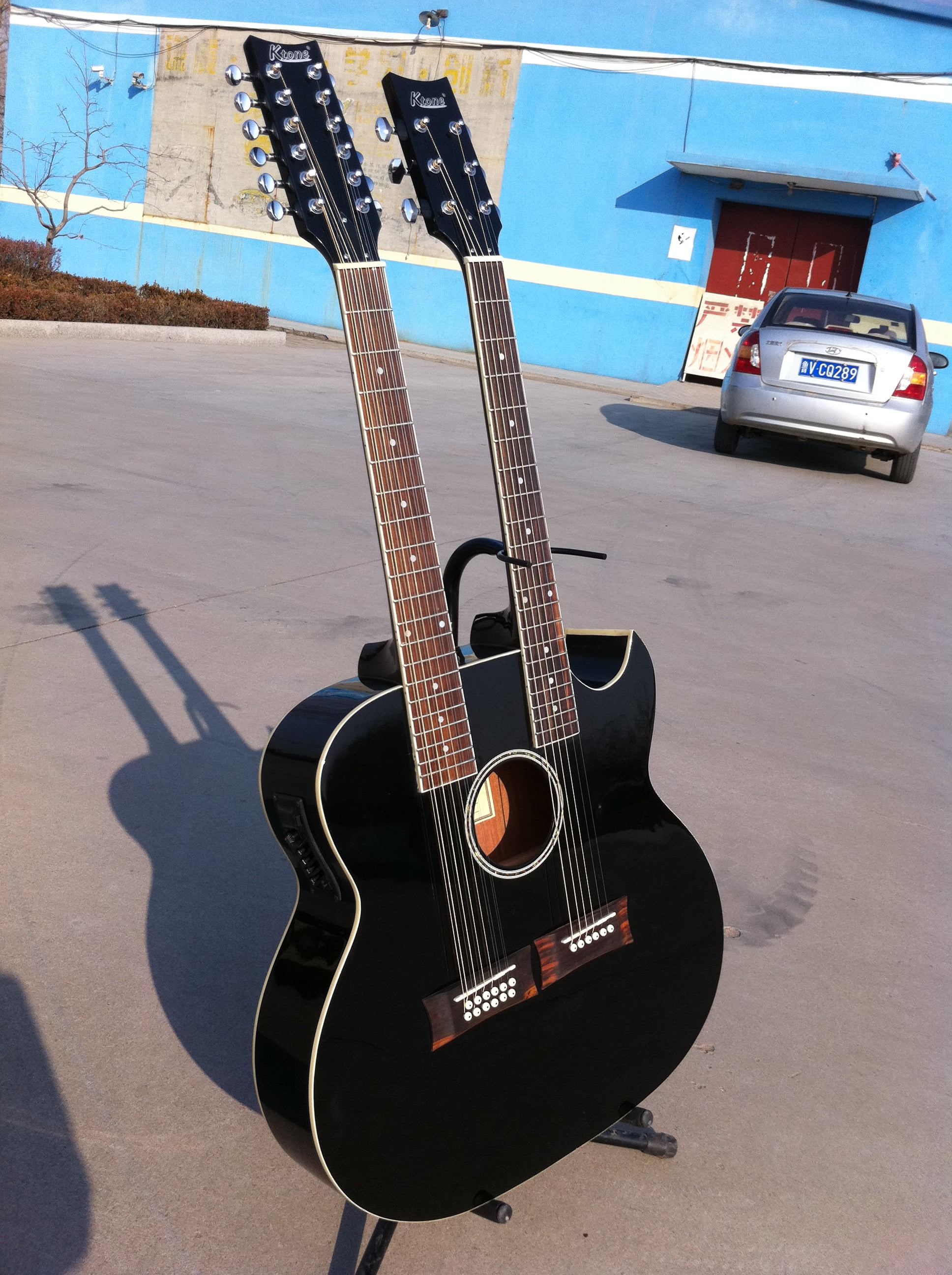 Black 6/12 String Acoustic Electric Double Neck Guitar with Cutaway and ...