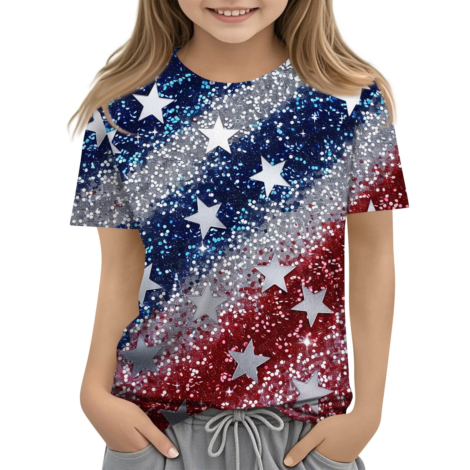 Ktyne 4th Of July Shirts Girls Short Sleeve Usa Flag T-Shirt Crewneck ...