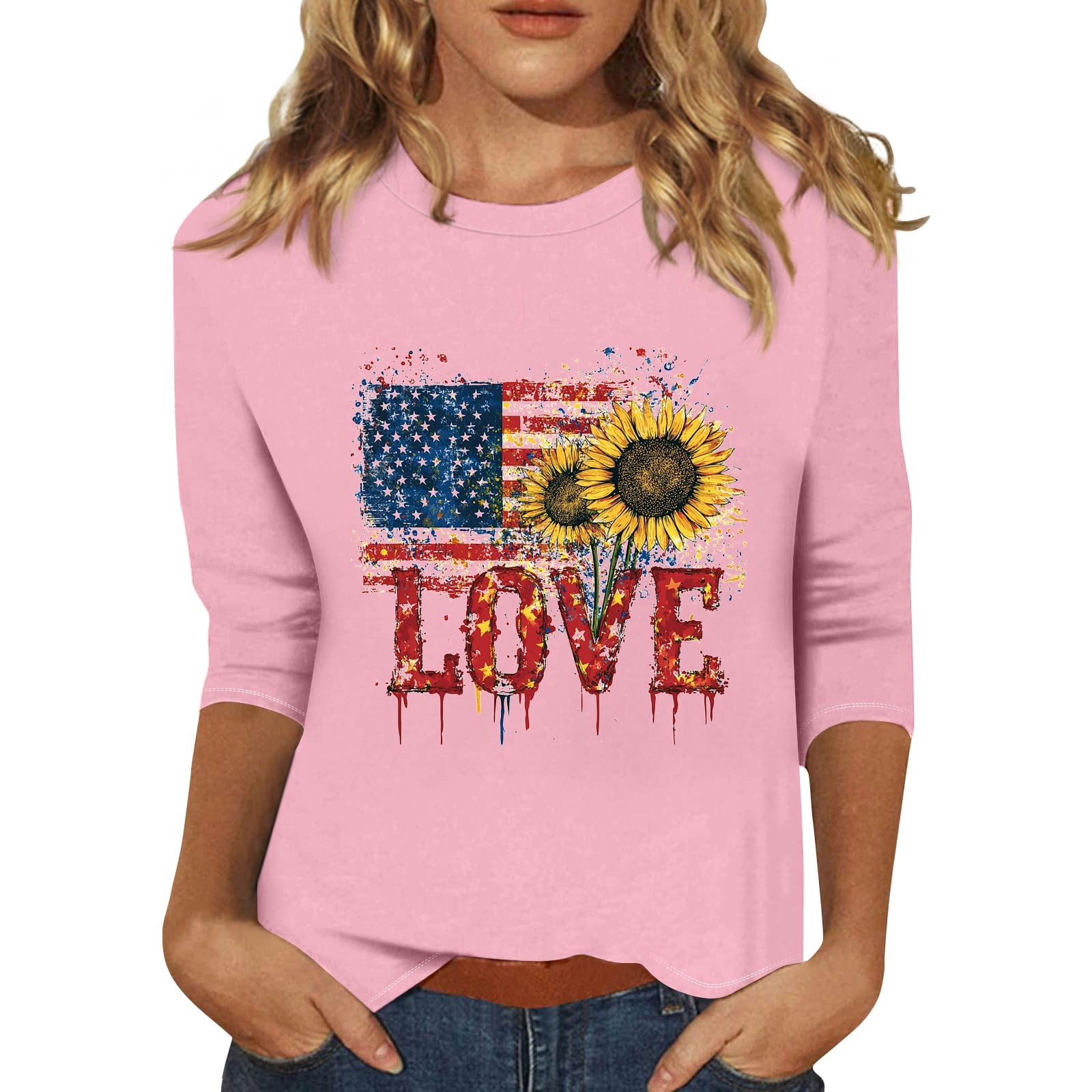 Ktyne 4th Of July Shirts for Women 3/4 Sleeve Star Striped Flag Print ...
