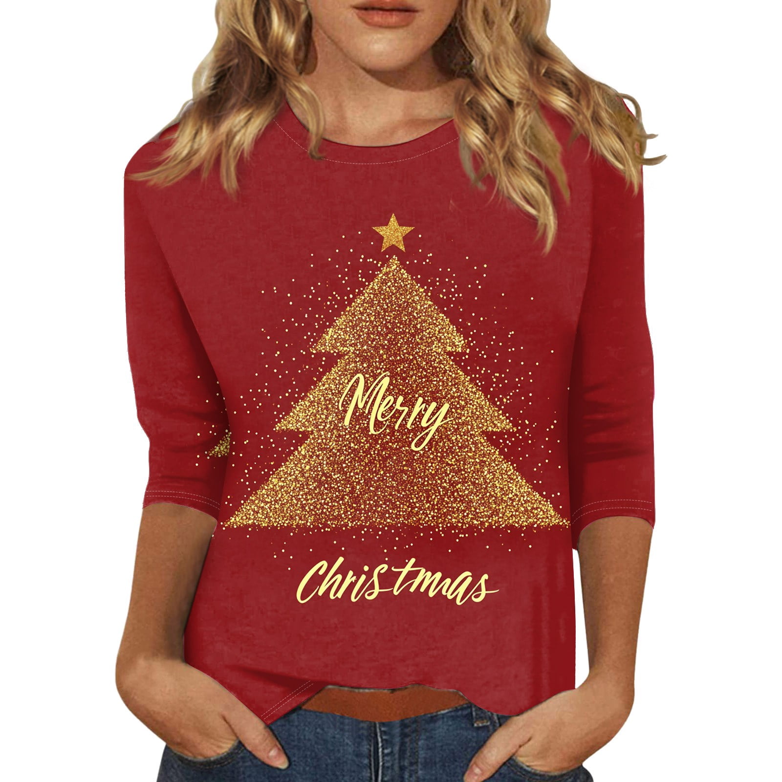 Ktyne Christmas Tops for Women Trendy Plus Size 3/4 Sleeve Crewneck ...
