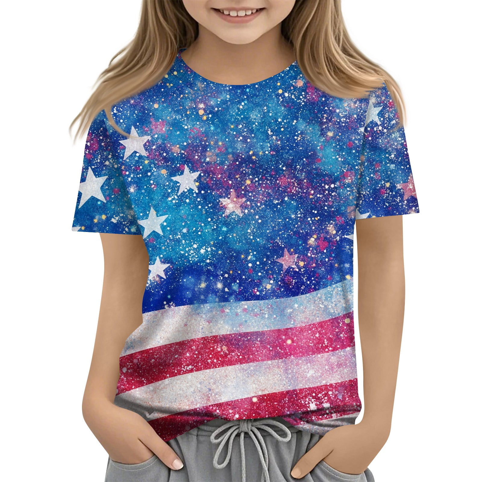 Ktyne Fourth Of July Shirts Girls Short Sleeve American Flag T-Shirt ...