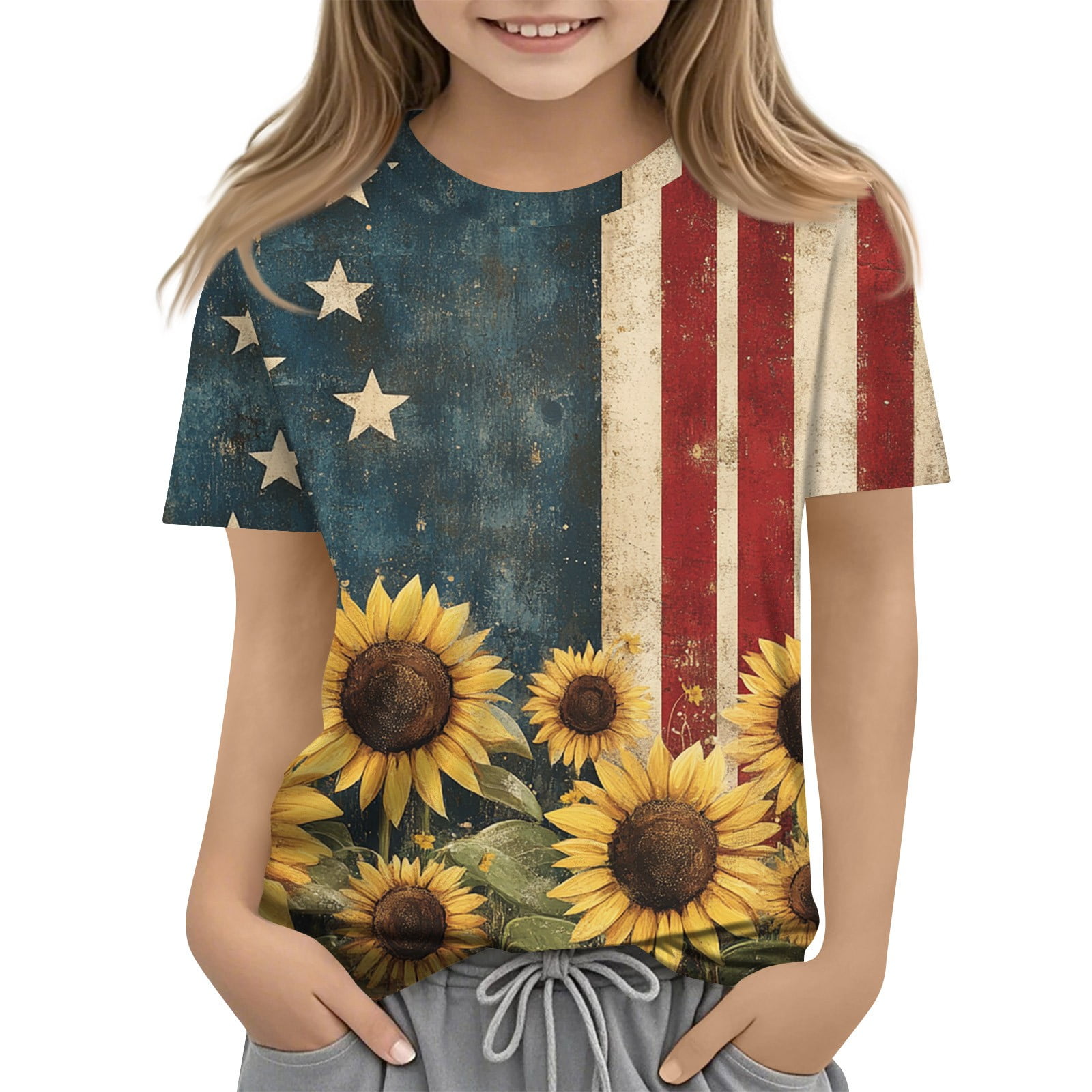 Ktyne Fourth Of July Shirts Kids Girls Short Sleeve Usa Flag Tshirt Round Neck Festival Tees ...