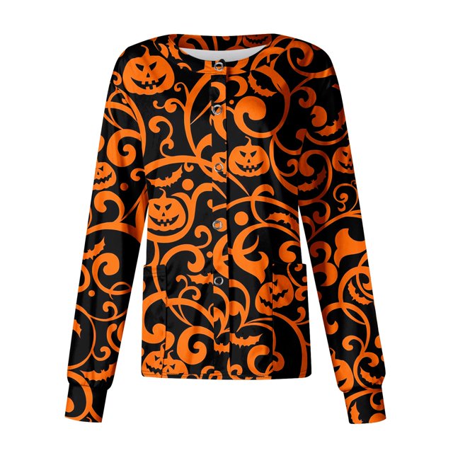 Ktyne Halloween Scrub Jackets For Woman Causal Long Sleeve Pumpkin Bat