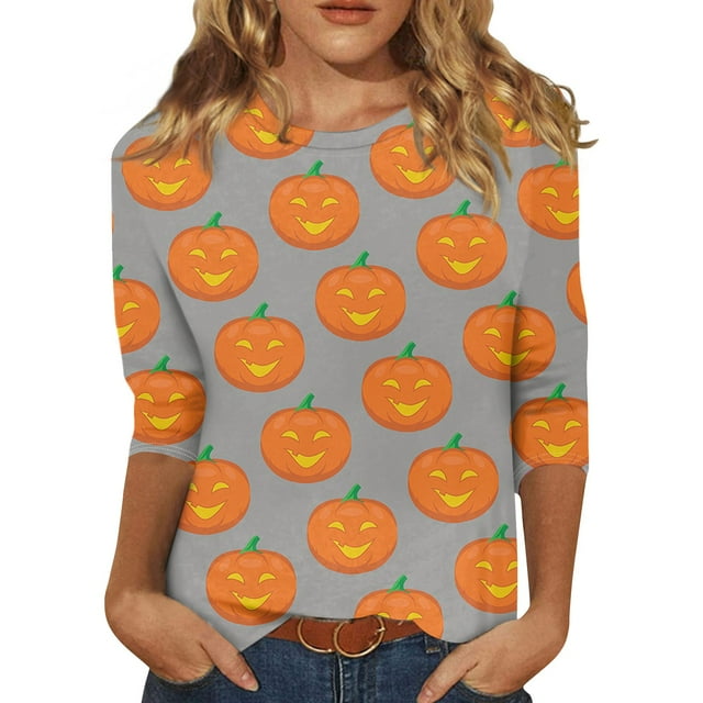 Ktyne Halloween Shirts For Women 3 4 Sleeve Pumpkin Bat Ghost Print