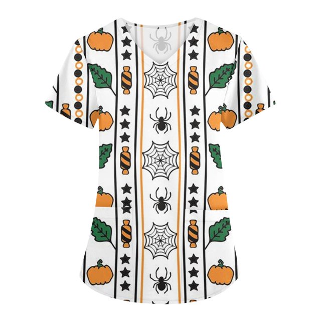 Ktyne Halloween Womens Scrubs Stretchy Short Sleeve Medical Uniform