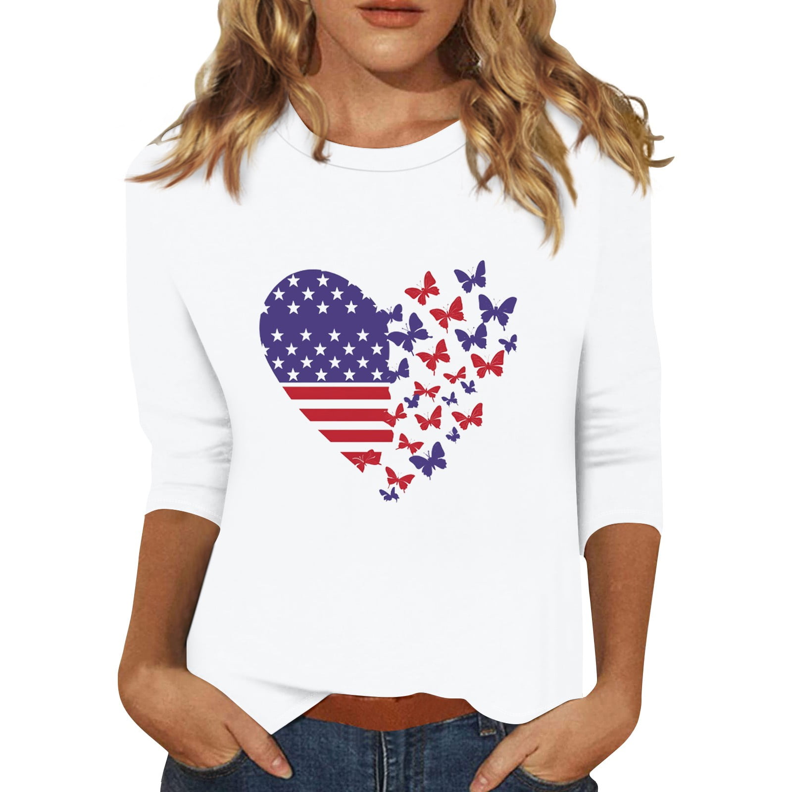 Ktyne Independence Day Shirts Women 3/4 Length Sleeve Star Striped Flag ...