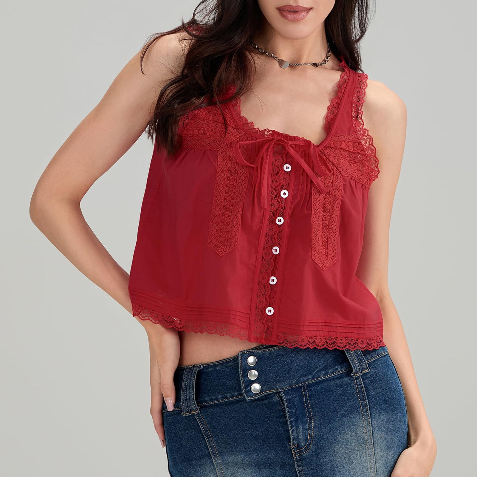 Ktyne Red Lace Tanks for Women Tie Front Vest Vacation Beach Y2k Button ...