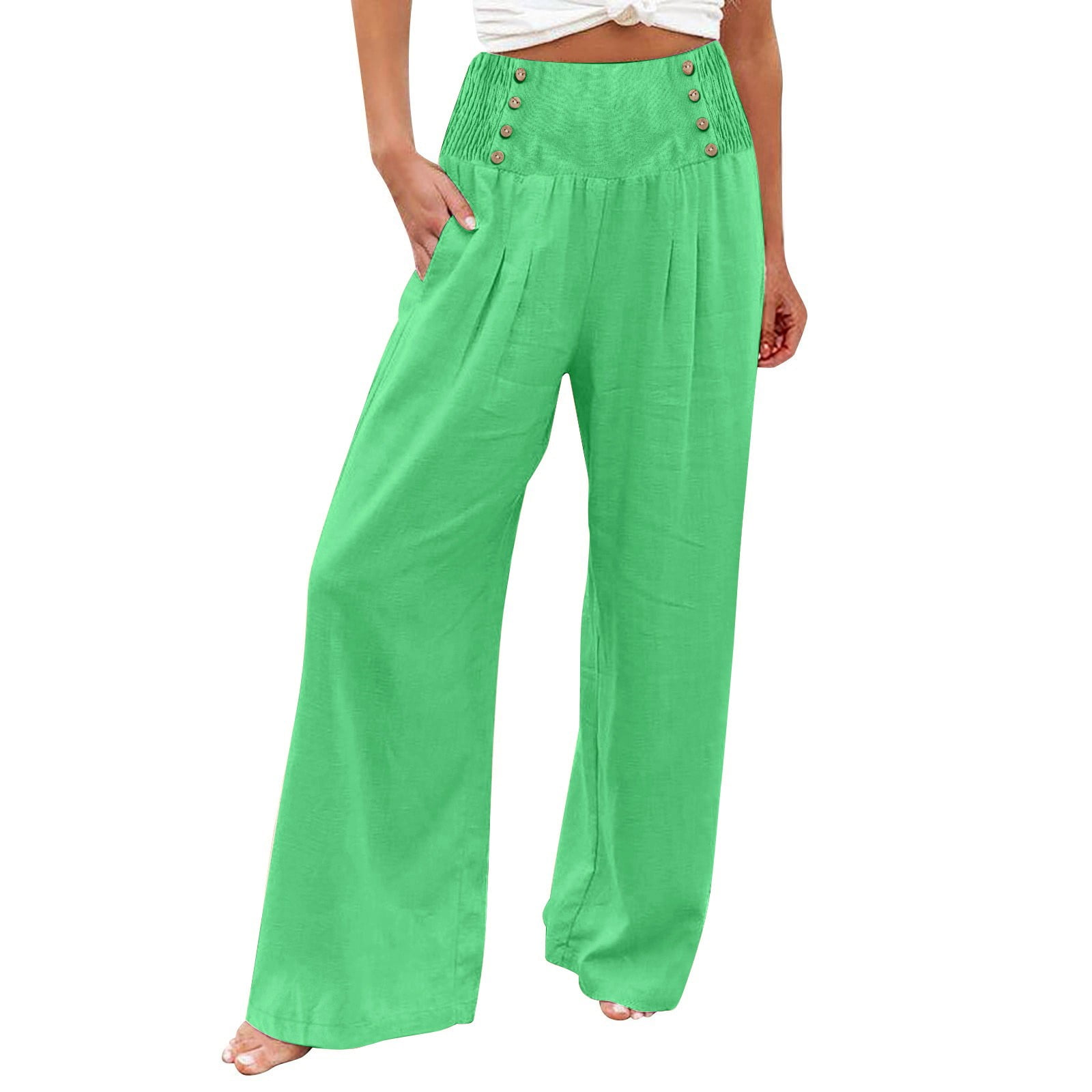 Ktyne Summer Pants For Women Elastic High Waist Flowy Straight Leg Long