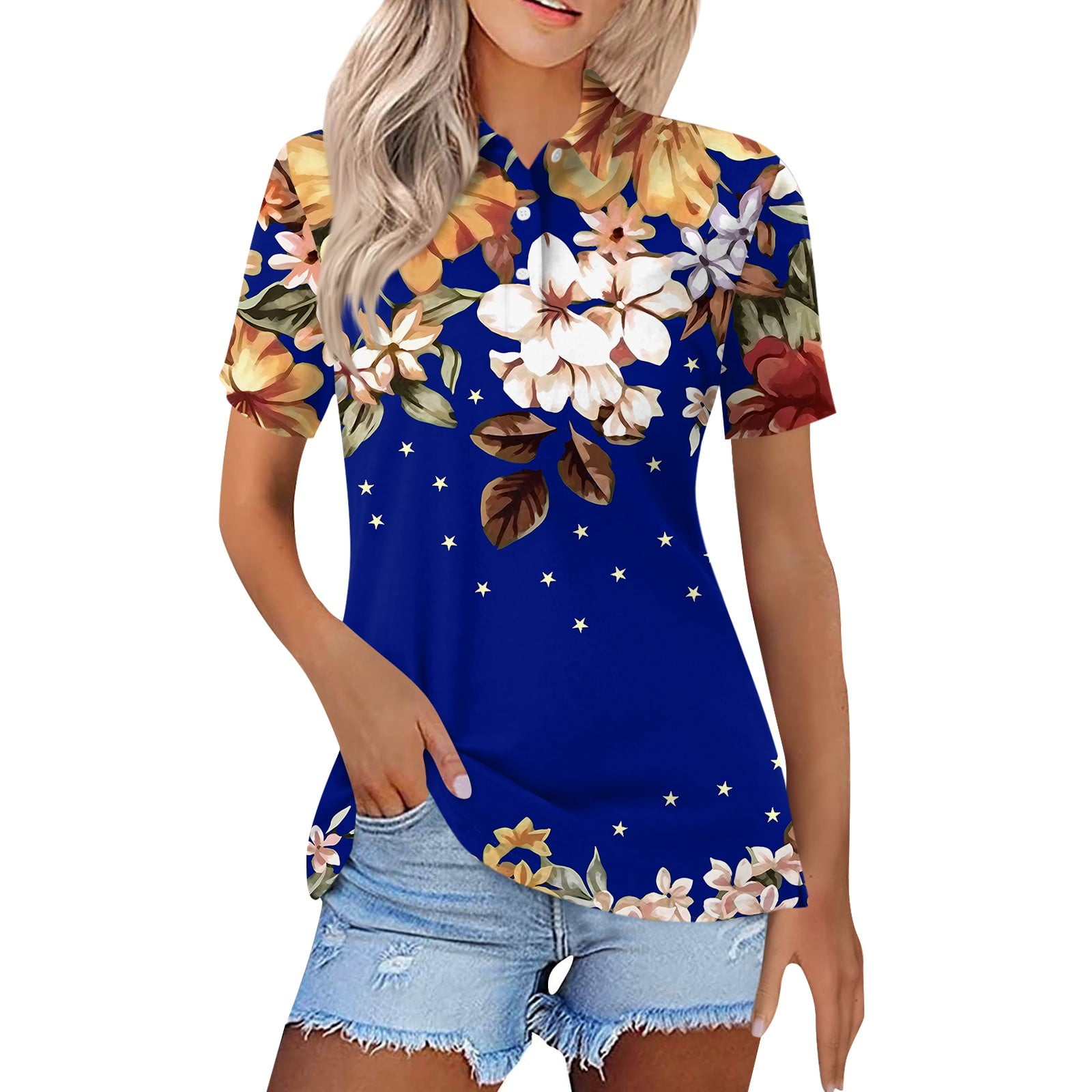 Ktyne Womens Golf Shirt Loose Fit Short Sleeve Polo Shirts Floral Print