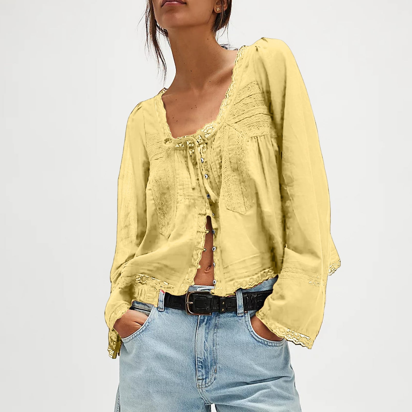 Ktyne Yellow Lace Top for Women Tie Front Crop Vest Beach Vacation Y2k ...