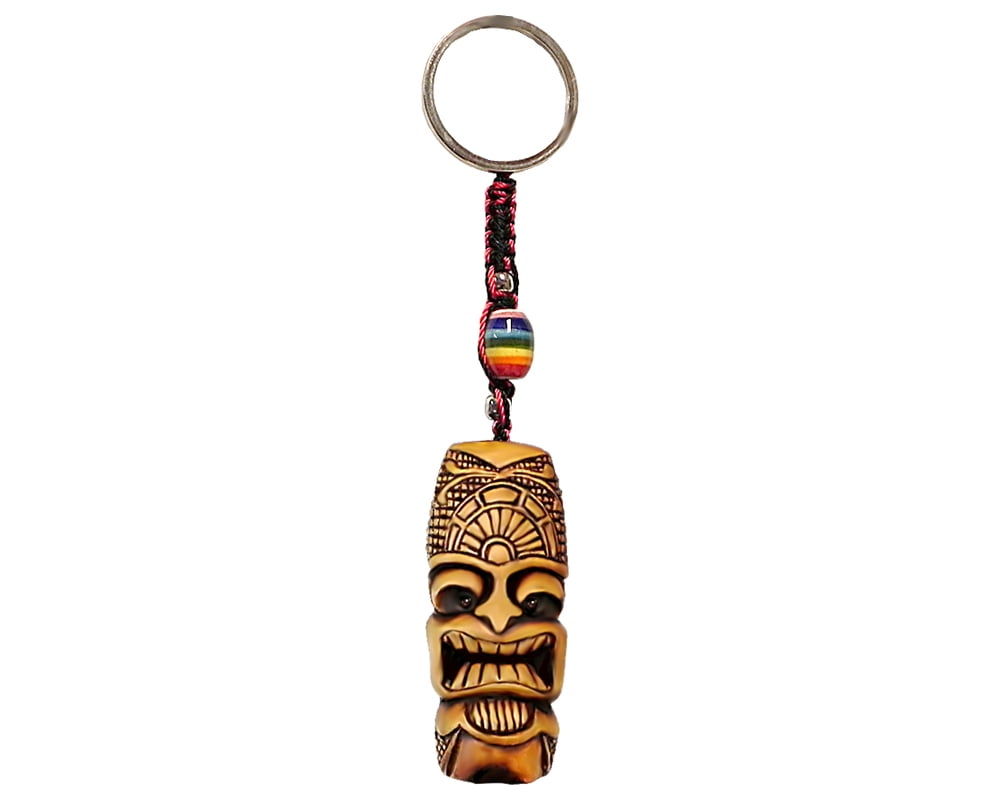 Ku Polynesian Tiki Head 3D Figurine Keychain Multicolored Macramé Metal ...