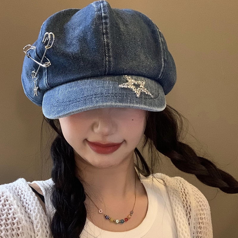 KuKuZhu Flash Diamond Star Pin Denim Beret Hat Women Hat Niche Trend ...