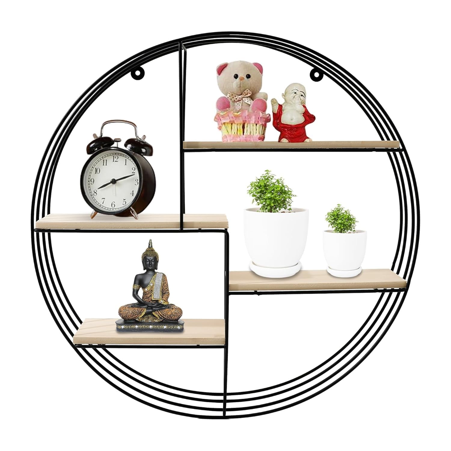 Kuber Industries Circular Metal Pine Wood 4 Compartments Hanging Shelf ...