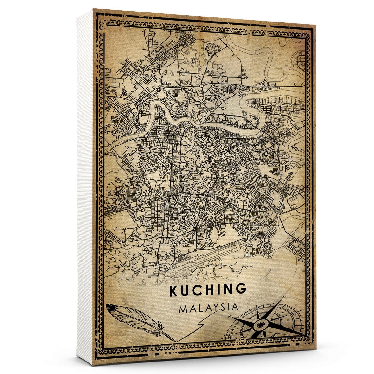 Kuching Vintage Map Prints Canvas, Malaysia Map Art Canvas, Canvas ...