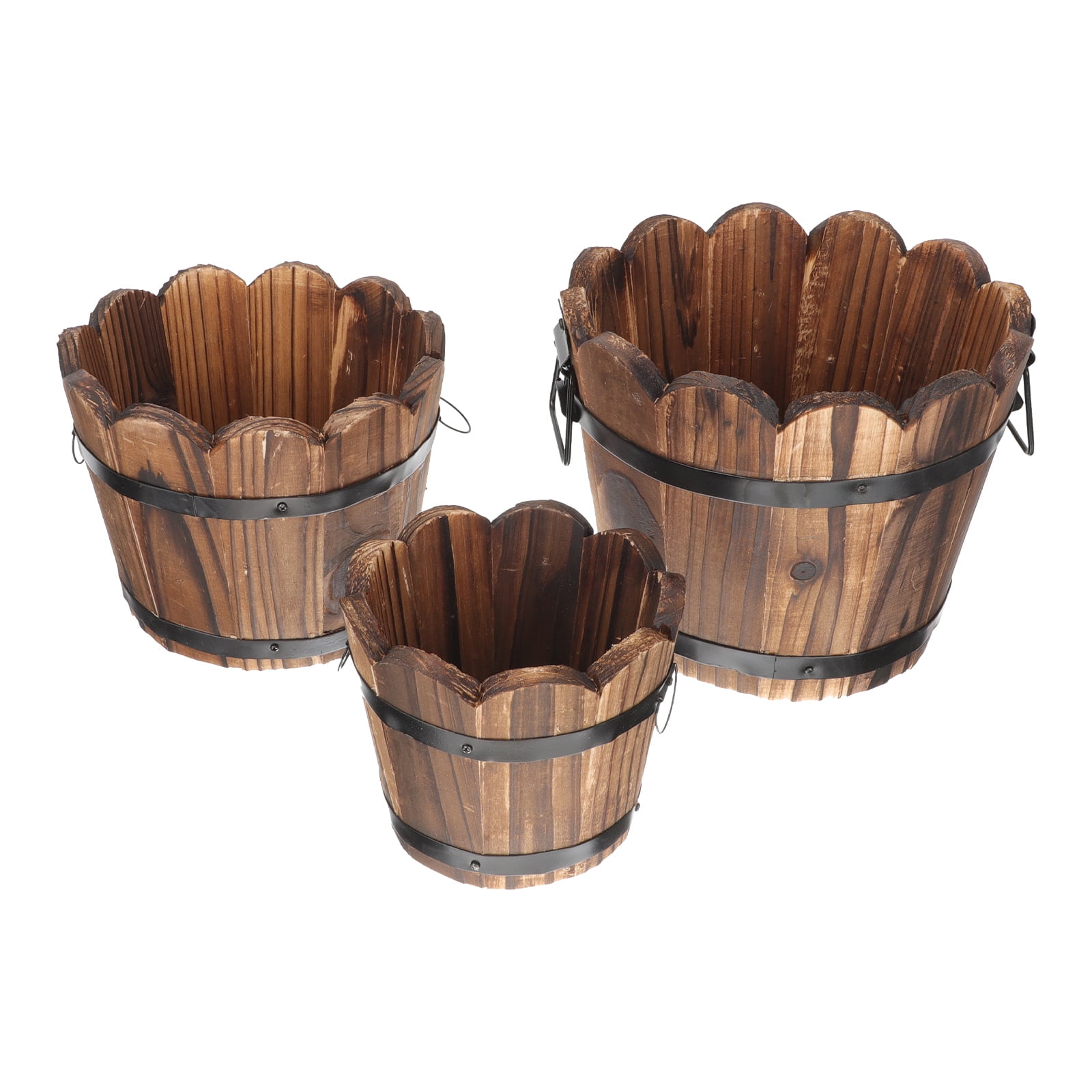 Kudiqi Set of 3 Rustic Wooden Bucket Planters for Indoor/Outdoor Decor ...