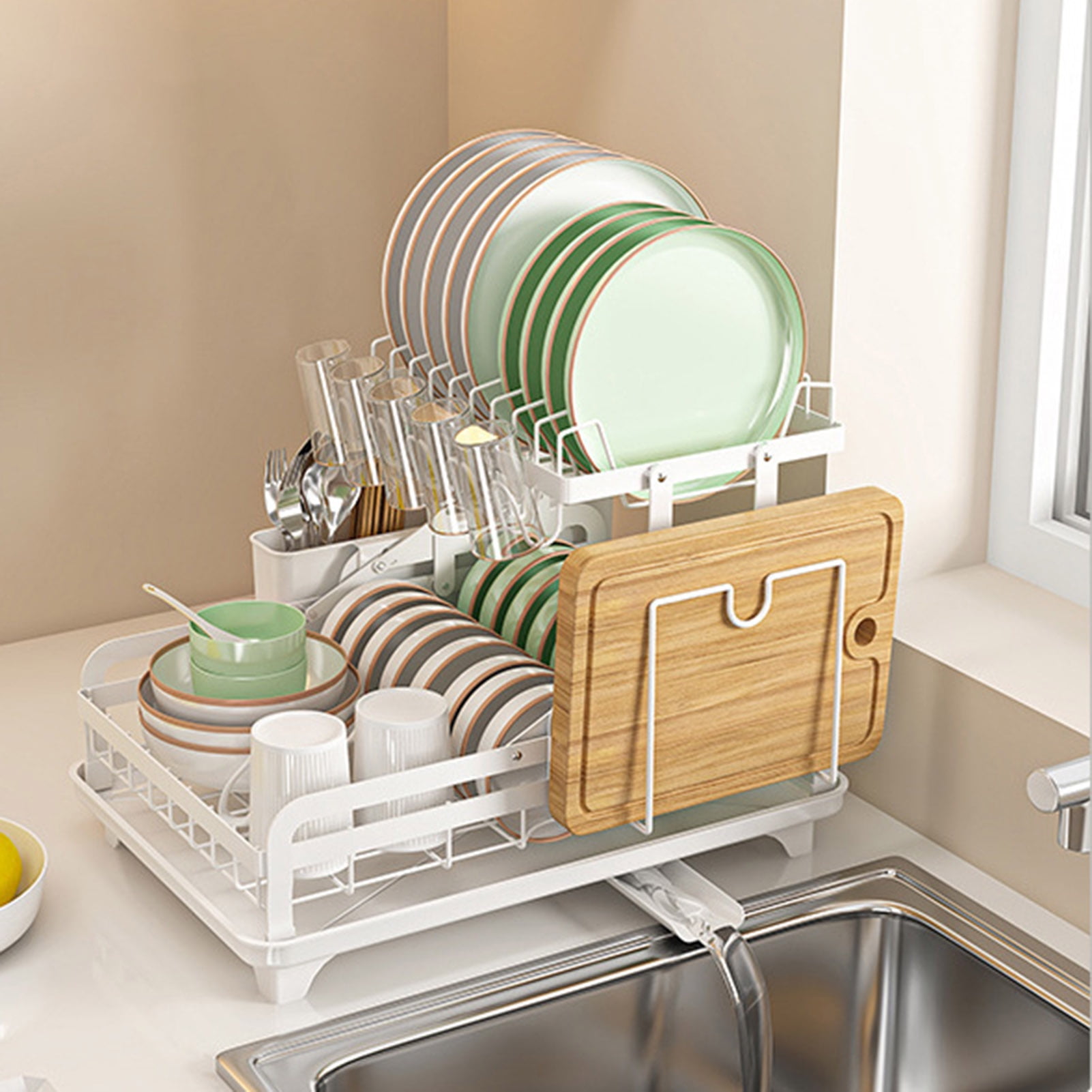 Kuervmo 2-Tier Metal Dish Drying Rack with Drain Board 360-Degree ...
