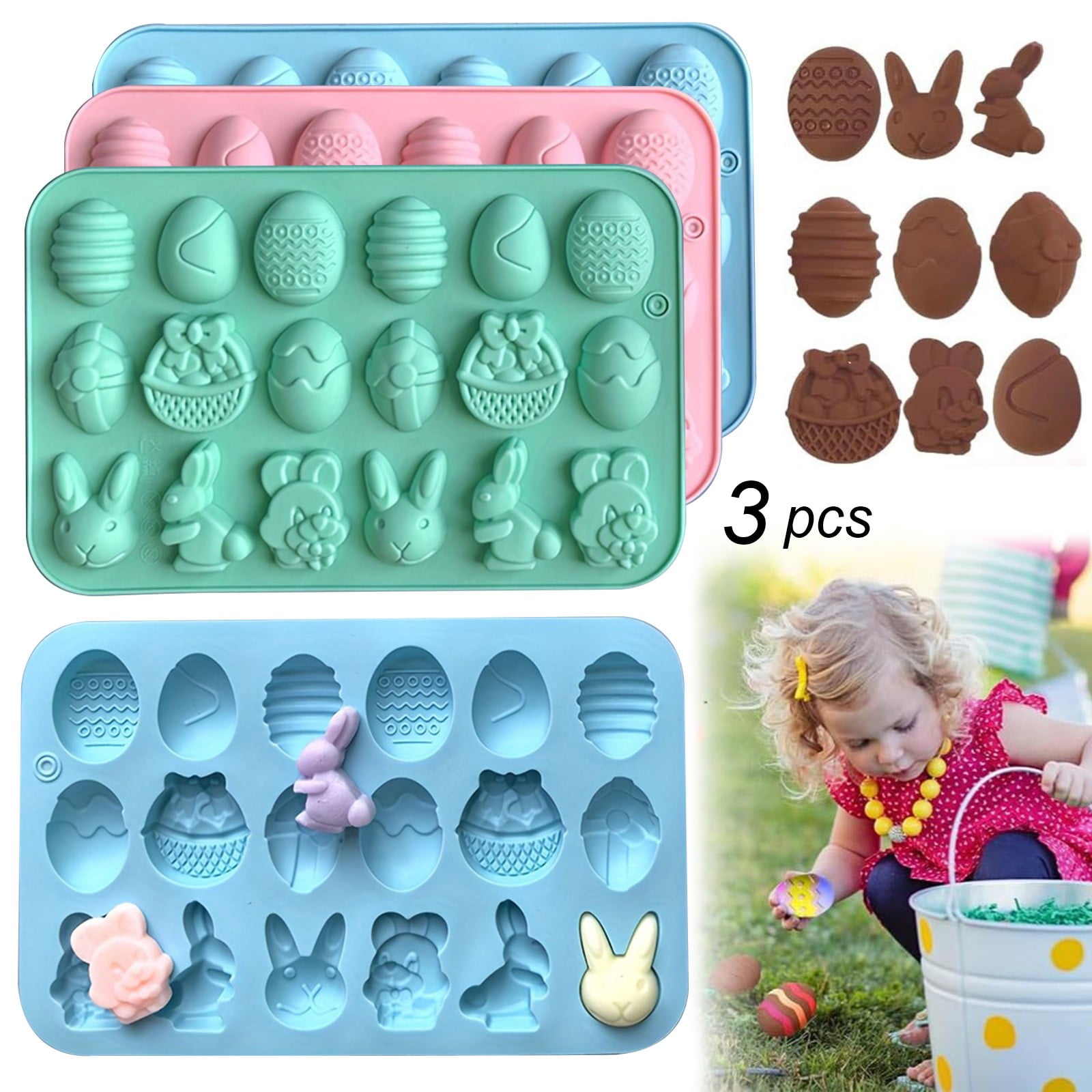 Kugachren 3Pcs Easter Eggs Molds, 3D Bunny Egg Basket Silicone Mold, Gummy Molds for DIY Gummies ...
