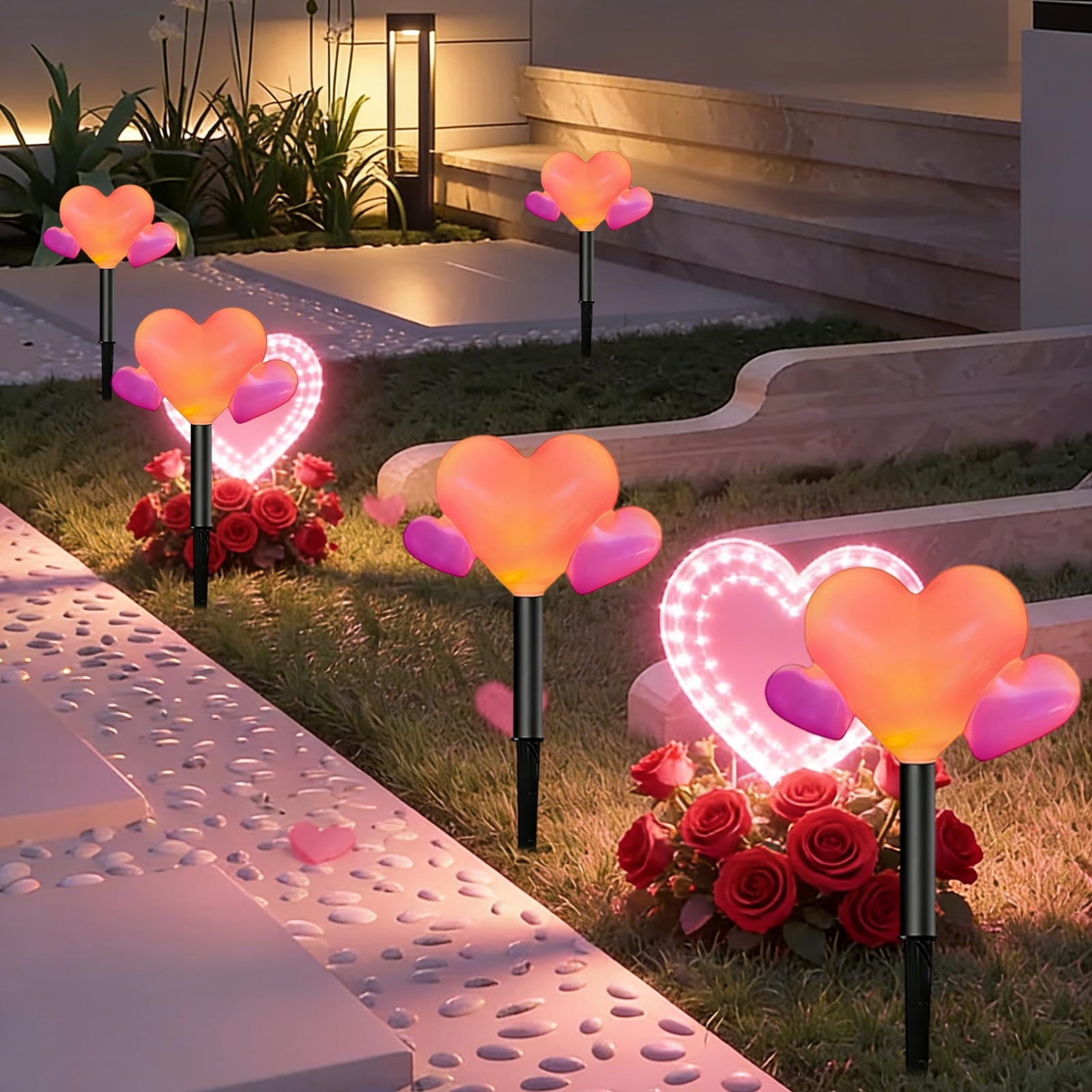 Kugisaki Valentine's Day Solar Stake Lights Heart Light Strings ...
