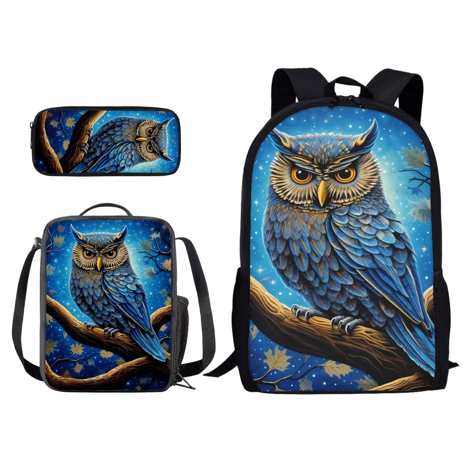 Kuiaobaty Cartoon Owl Print Backpack Set for Girls 17inch Bookbags Shoulder Lunch Bag and Pen ...