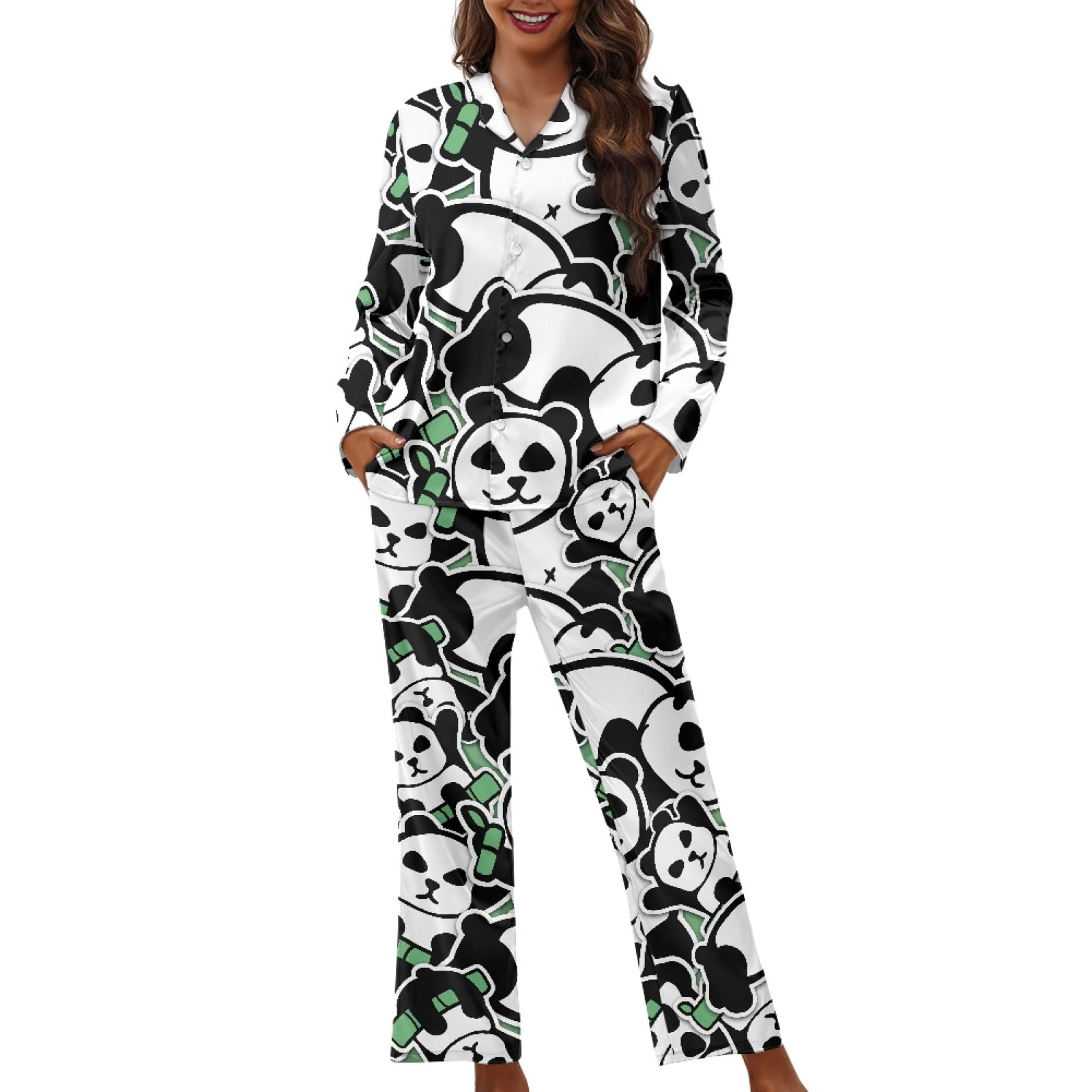 Kuiaobaty Funny Panda Print Women's Long Sleeves Pajamas Set Button ...