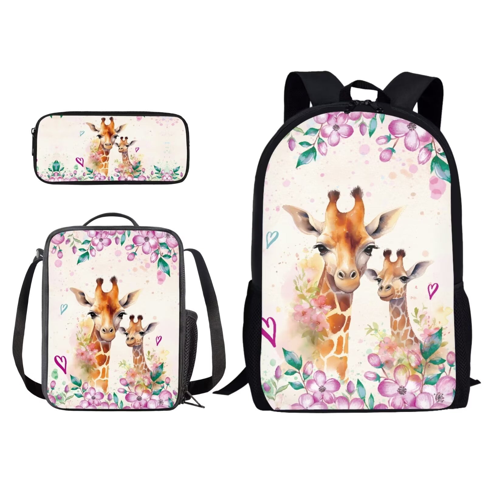 Kuiaobaty Giraffe Flower Print 3 Pack Backpack School Bag and Lunch Box ...