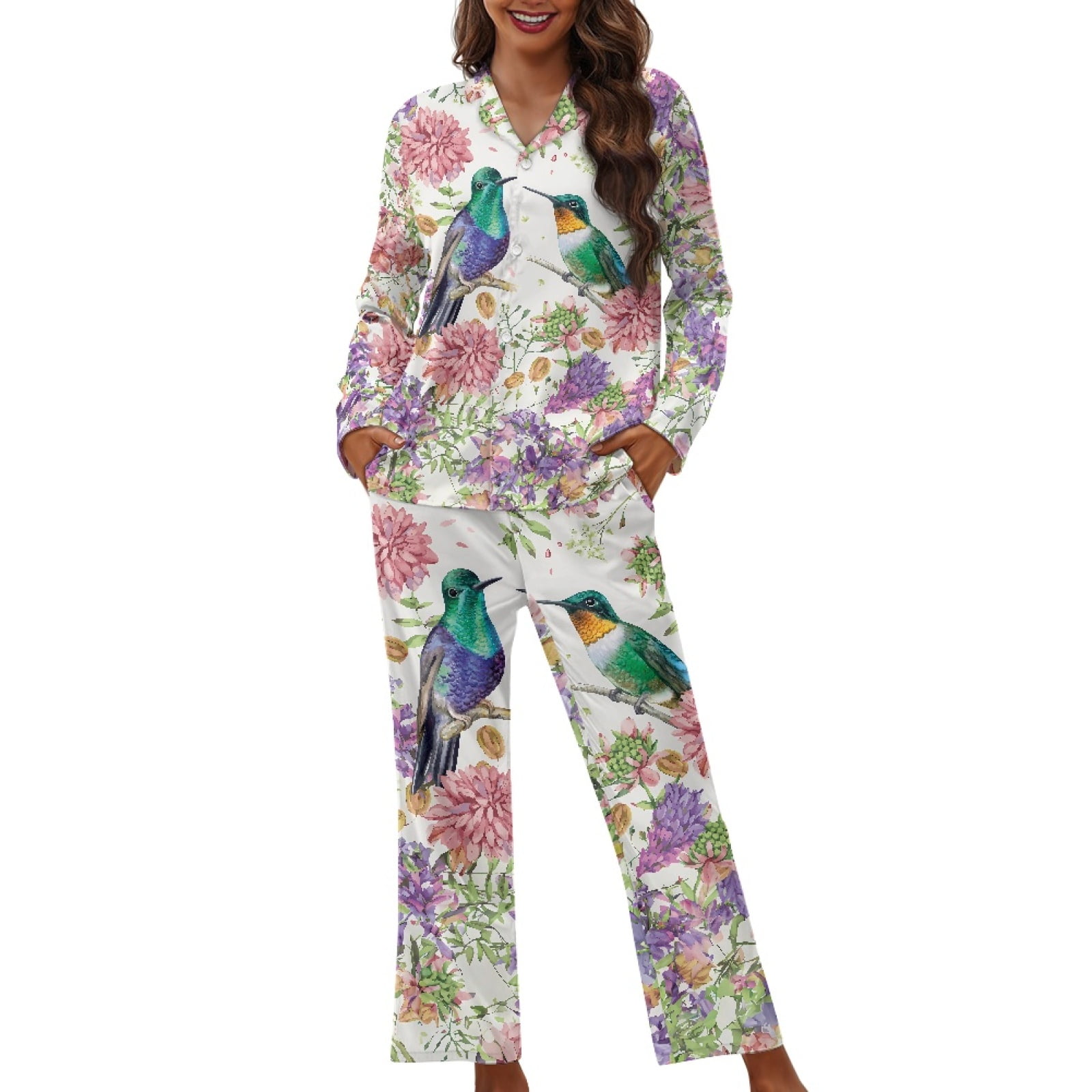 Kuiaobaty Hummingbird Flower Print Pajamas Set for Womens Ladies Long ...