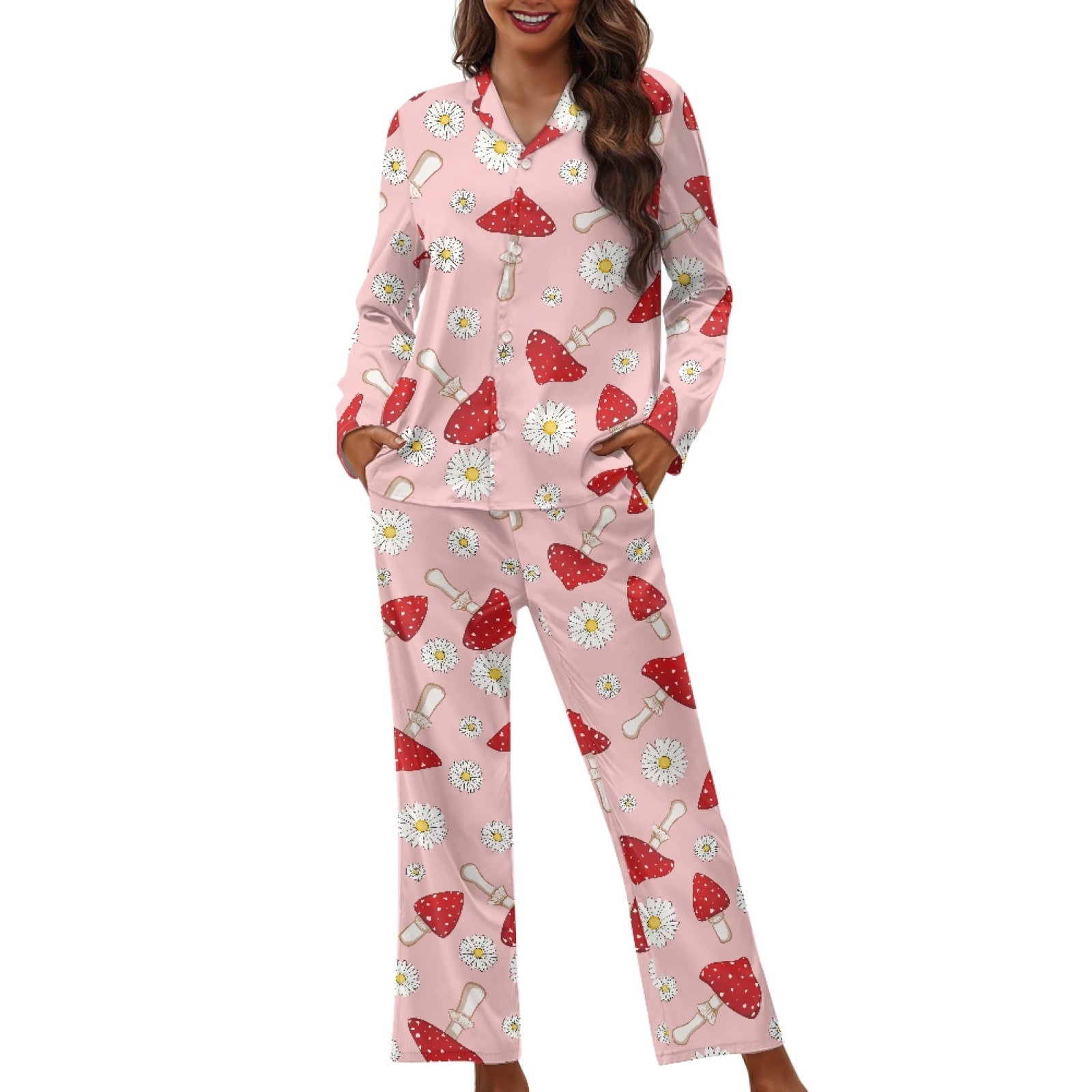 Kuiaobaty Mushroom Daisy Pattern Pajamas for Women Set Long Pants ...