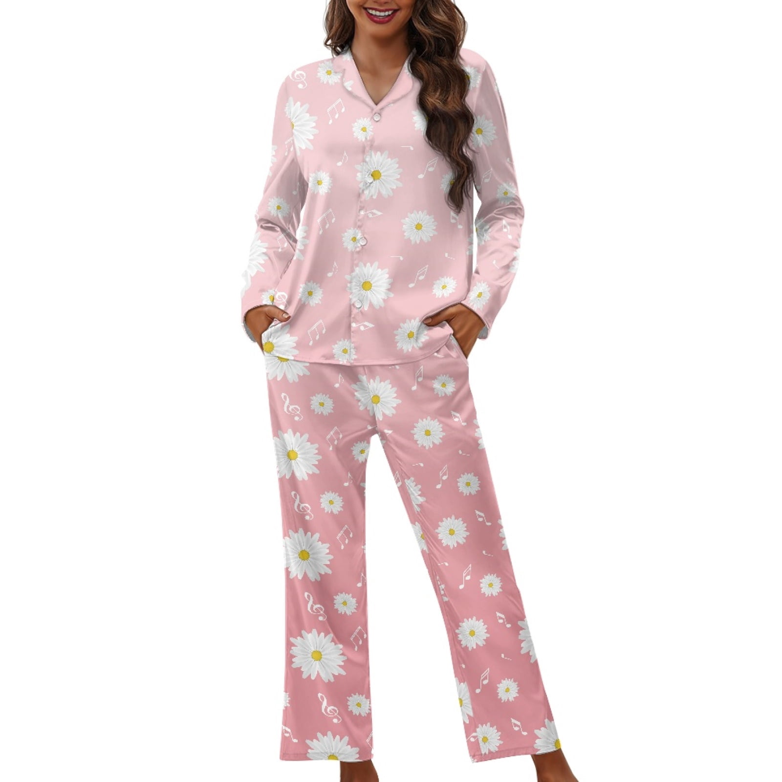 Kuiaobaty Pink Flower Print Women's Pajama Set Music Note Lightweight ...
