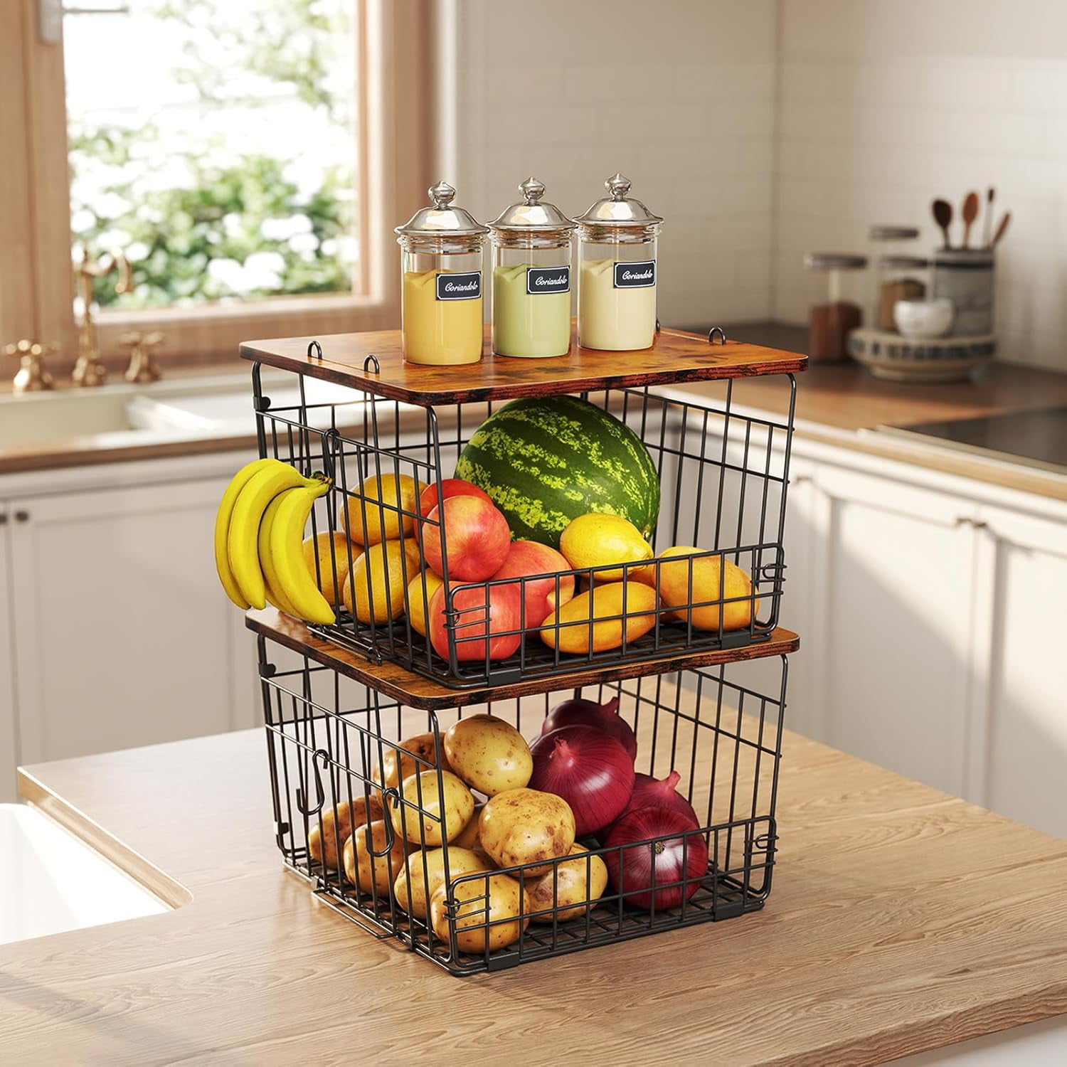 Kuiming 2 Pack Stackable Wire Basket with Wood Top, Pantry Organizer ...