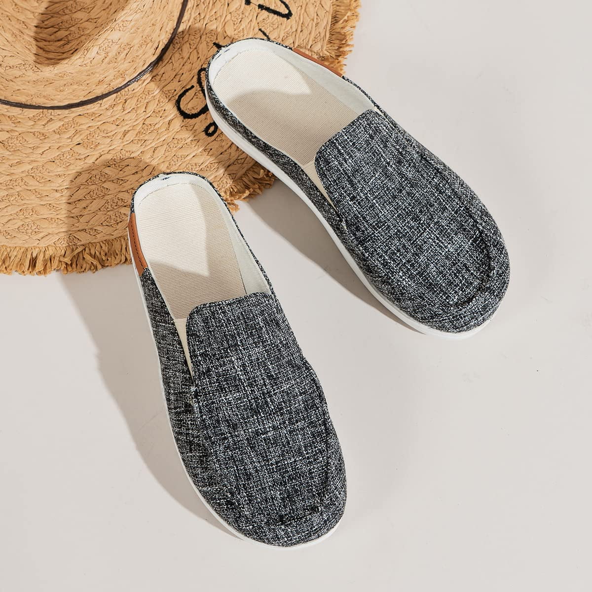 Kuist Women's Flat-Bottomed Lazy Shoes - Canvas Semi-Slipper Shoes with ...